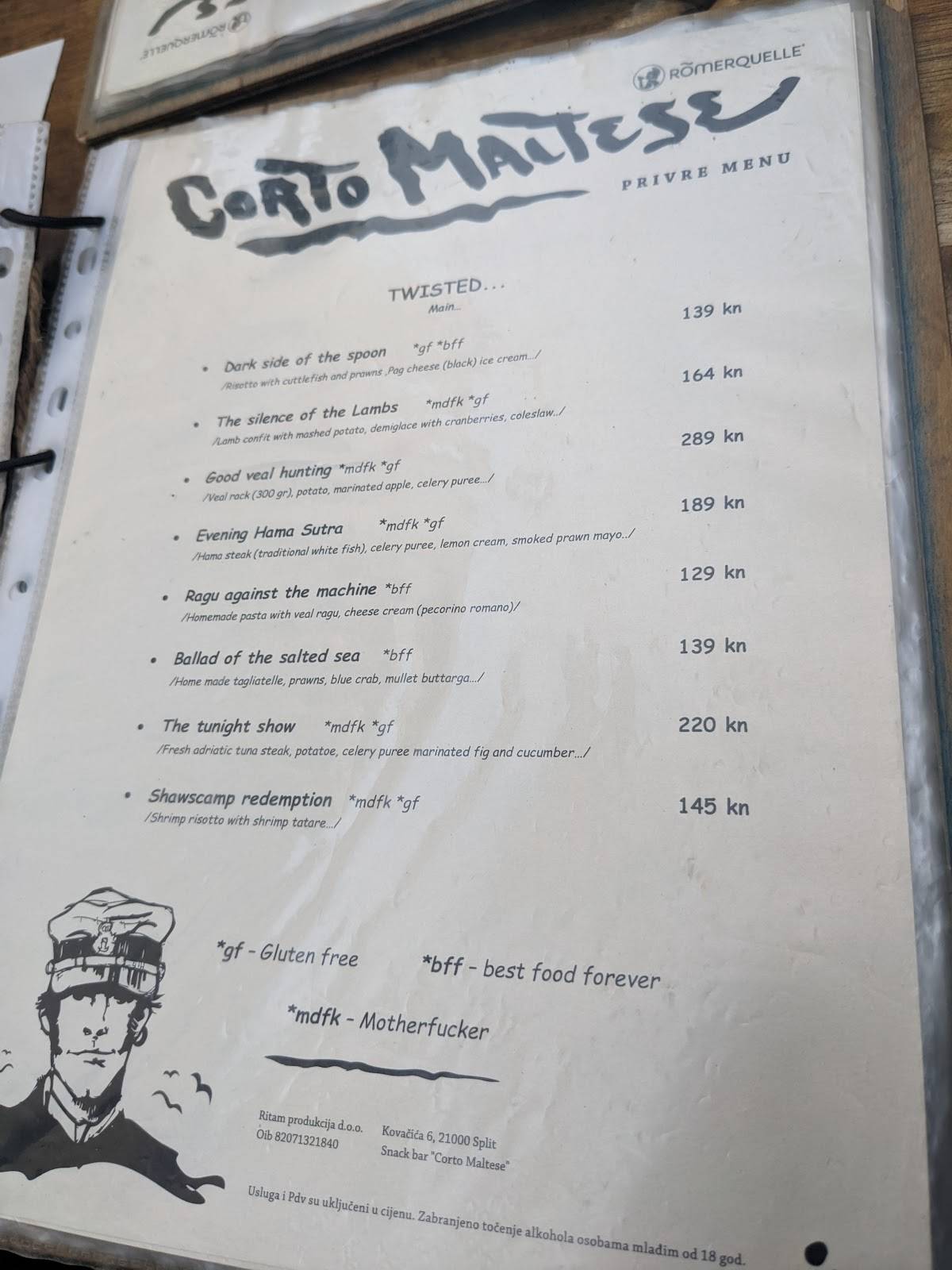 Menu at Corto Maltese Freestyle food restaurant, Split, Obrov ul. 7