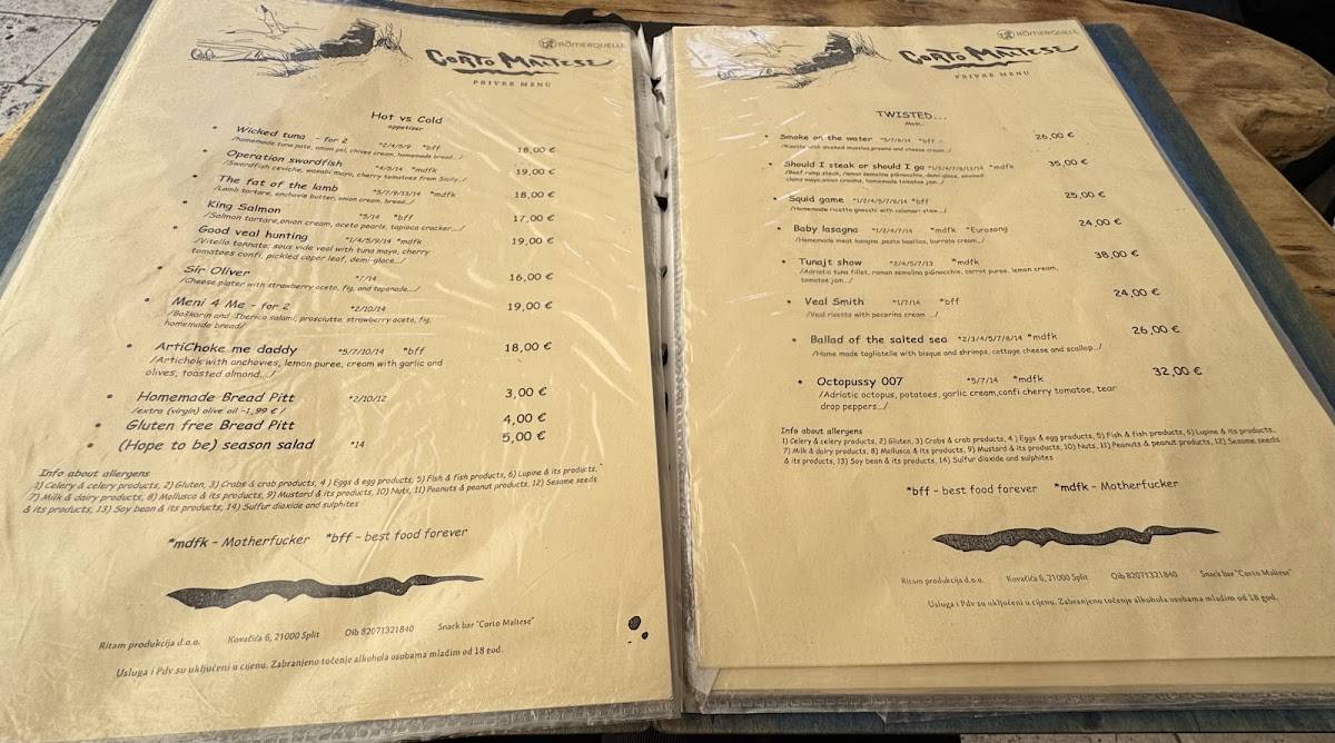 Menu at Corto Maltese Freestyle food restaurant, Split, Obrov ul. 7