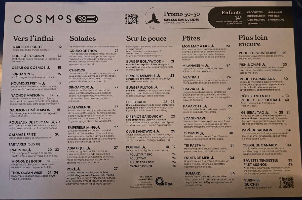 Menu au Cosmos Ste-Foy restaurant, Québec, Boul Laurier
