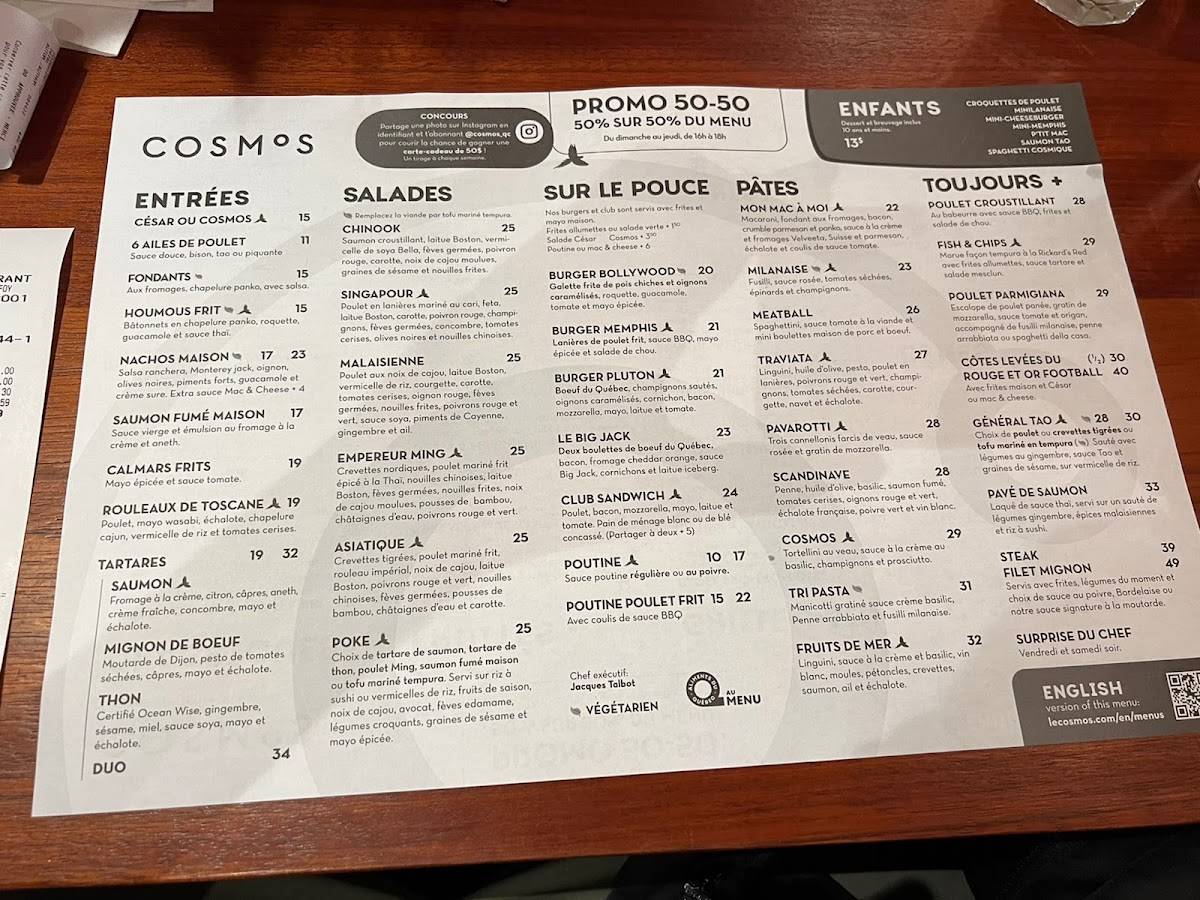 Menu au Cosmos Ste-Foy restaurant, Québec, Bd Laurier