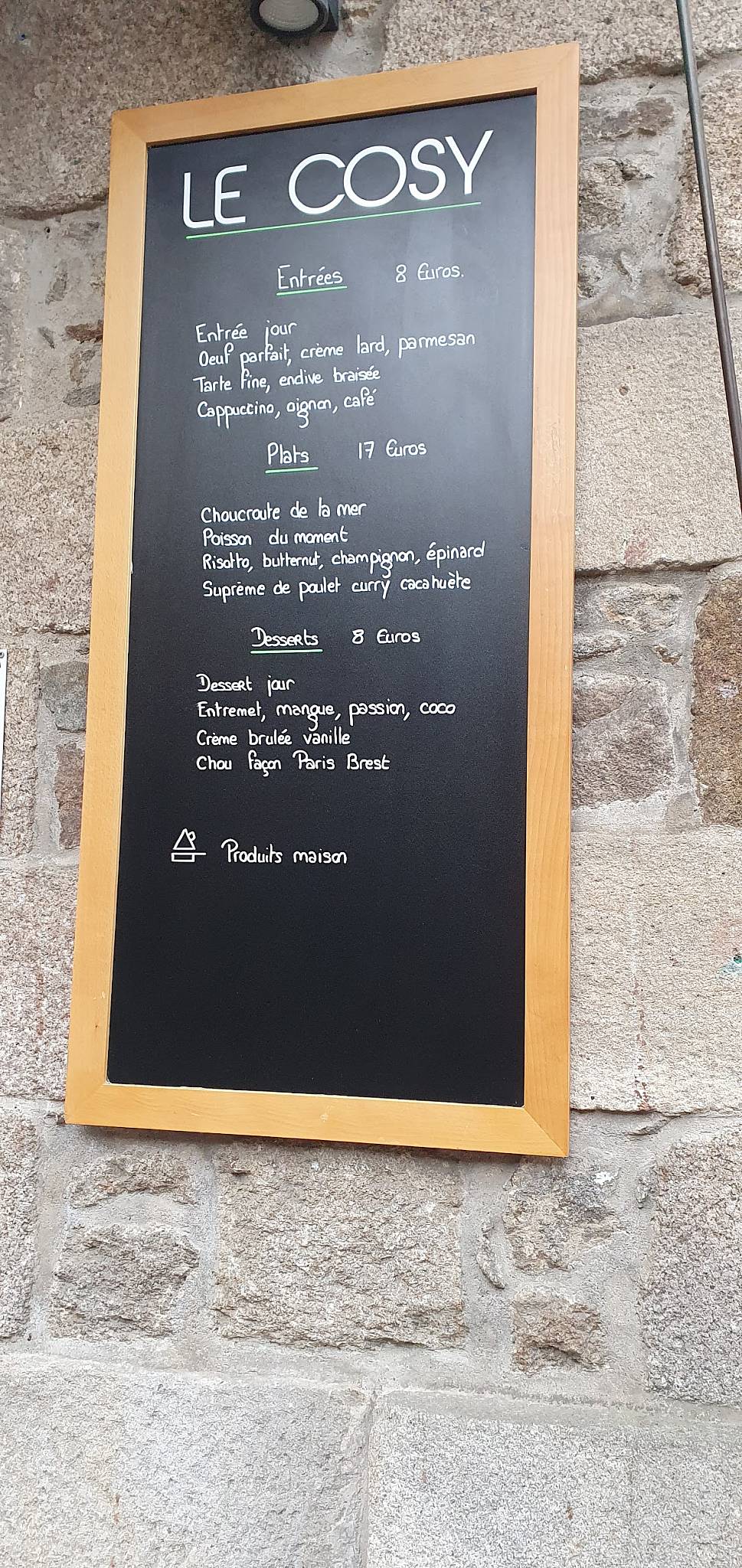 Menu au Cosy restaurant, Dinan