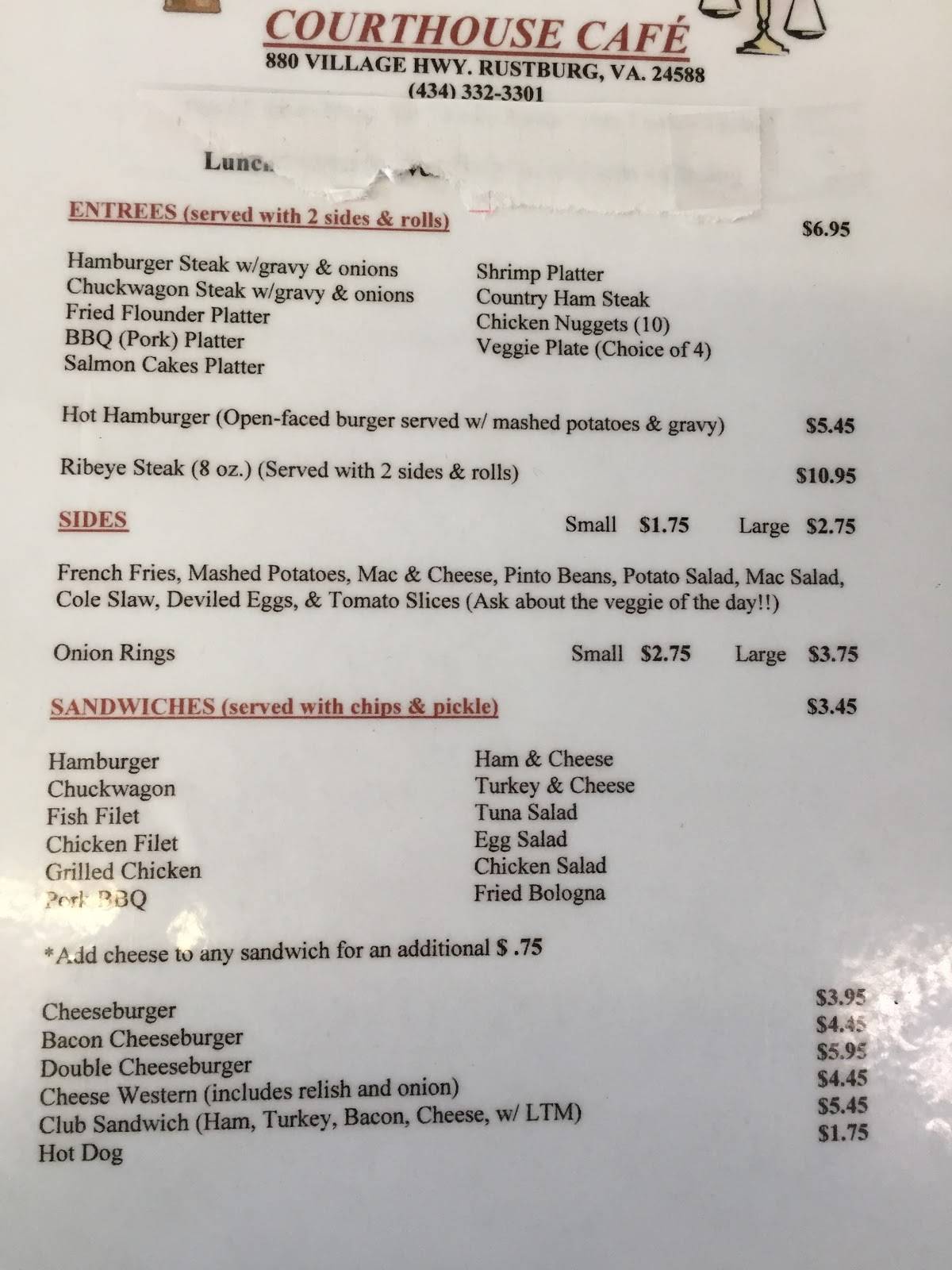 Menu at Courthouse Cafe, Rustburg