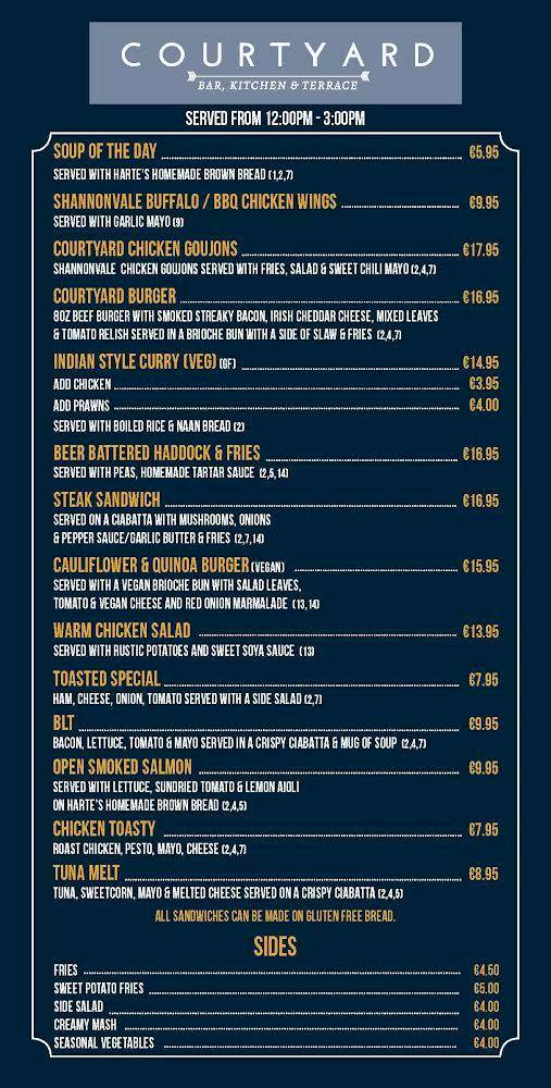 Menu at The Courtyard pub & bar, Clonakilty, Hartes Courtyard