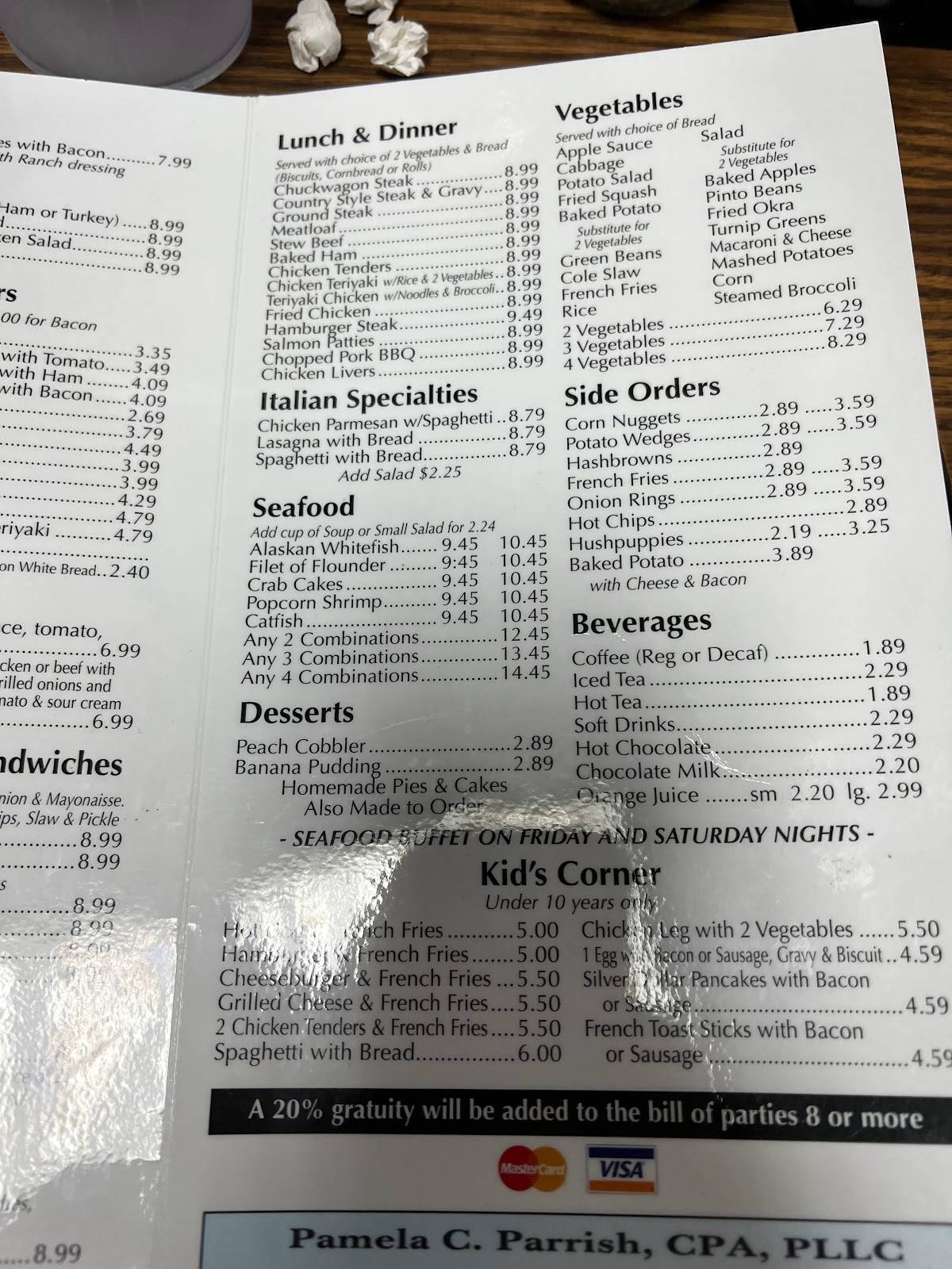 Menu at Cousin Gary's Family Restaurant, Pilot Mountain