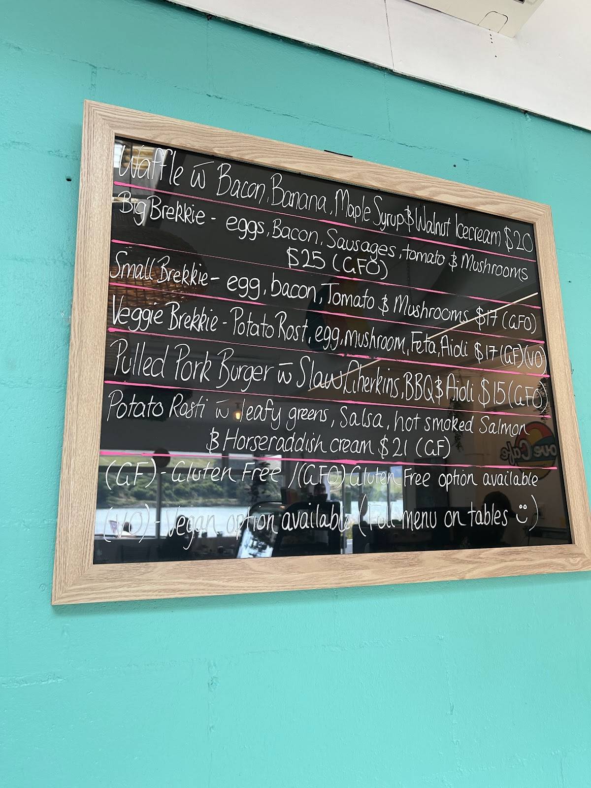Menu at Cove Cafe, Dunedin