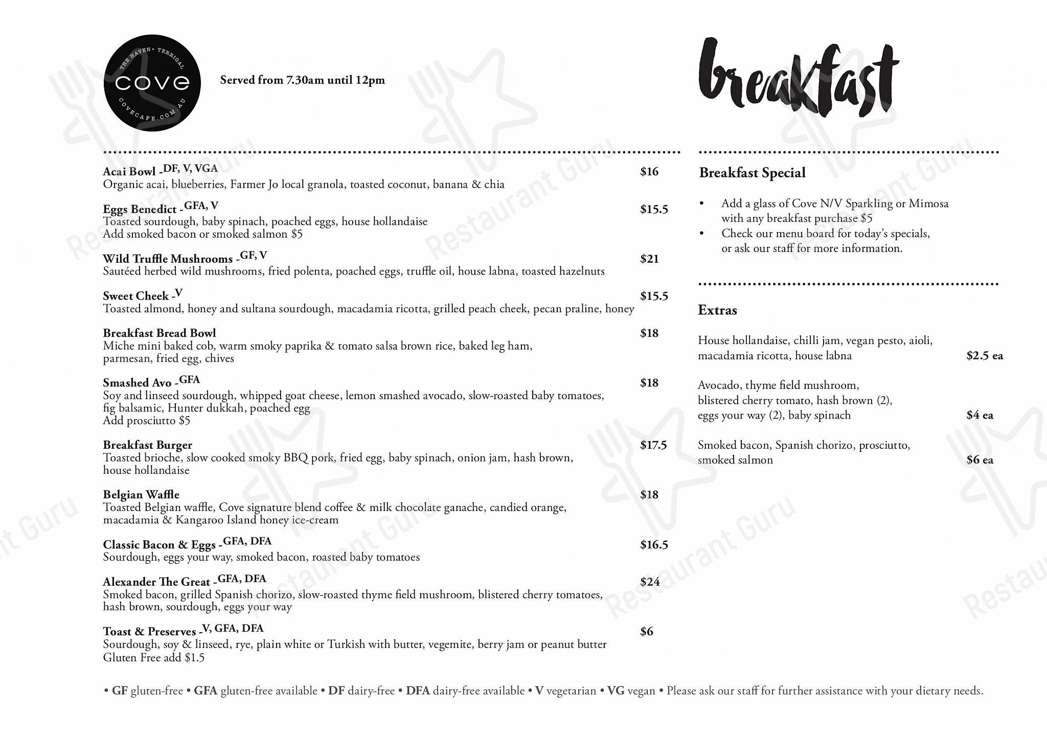 Menu at Cove Cafe, Terrigal