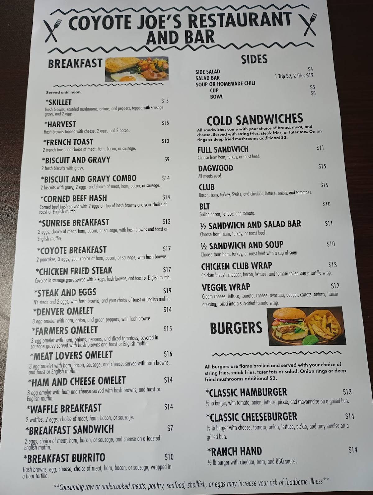 Menu at Coyote Joe's pub & bar, Willamina