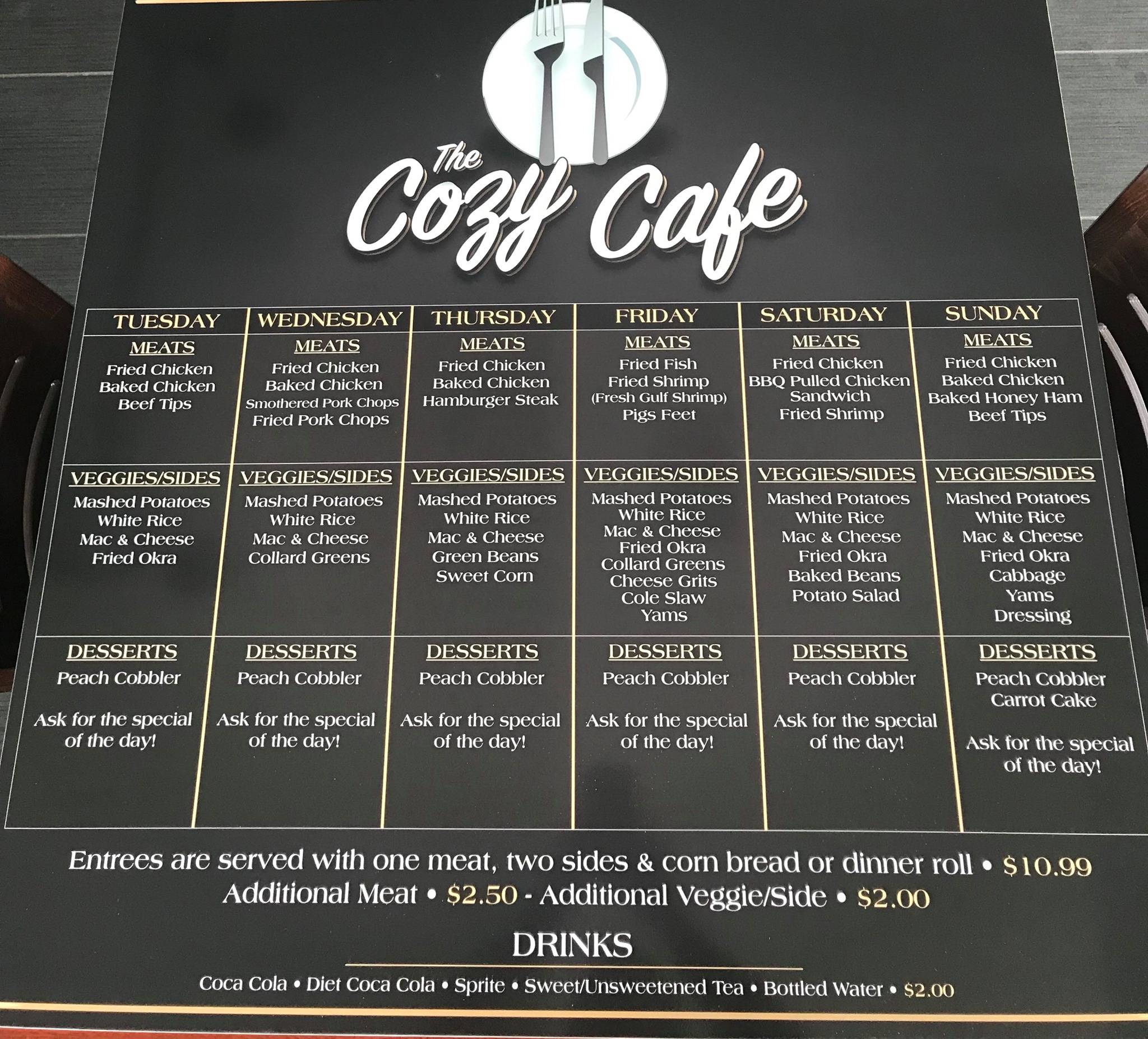 Menu at Cozy Cafe, Port Saint Joe