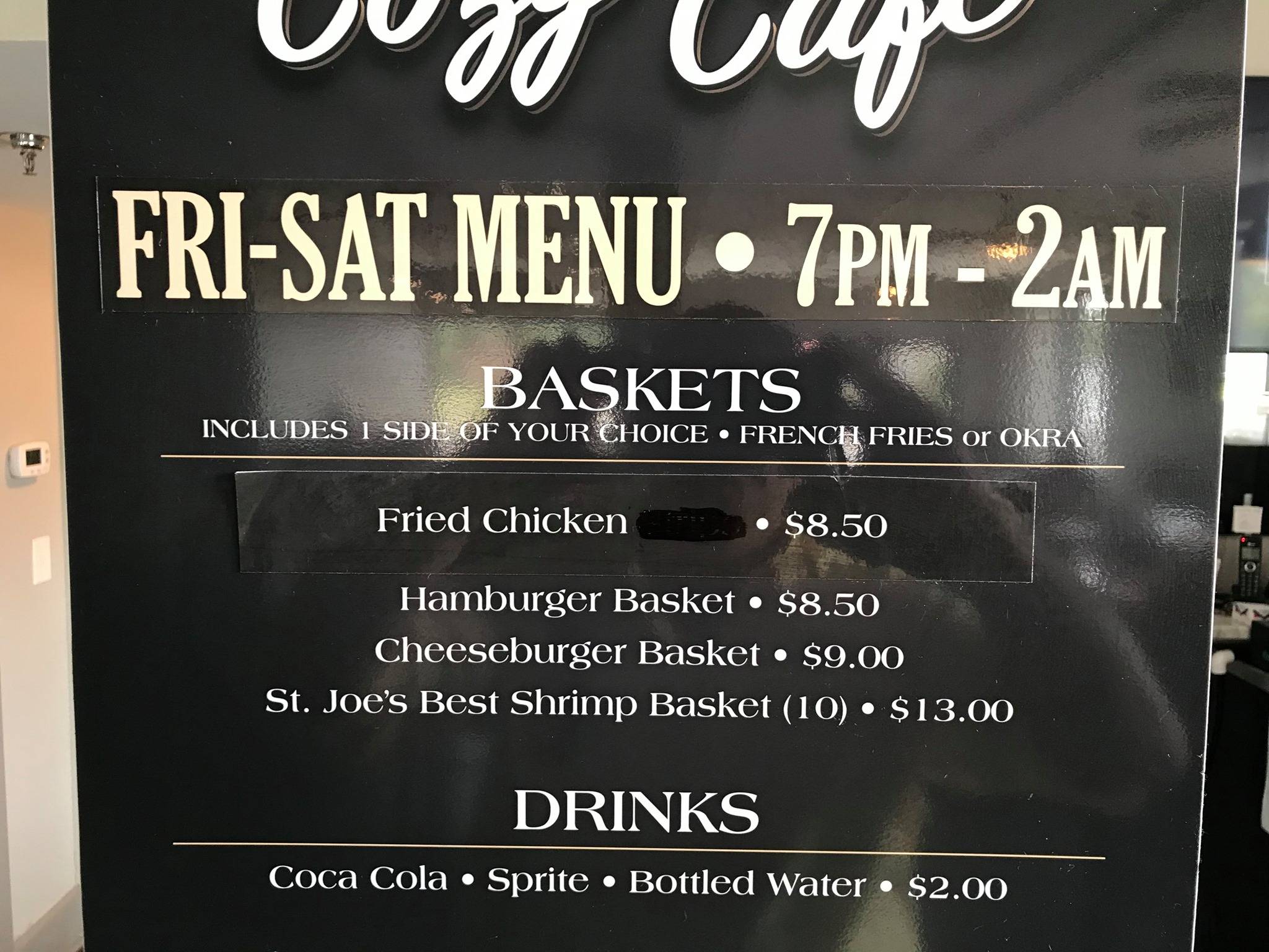 Menu at Cozy Cafe, Port Saint Joe