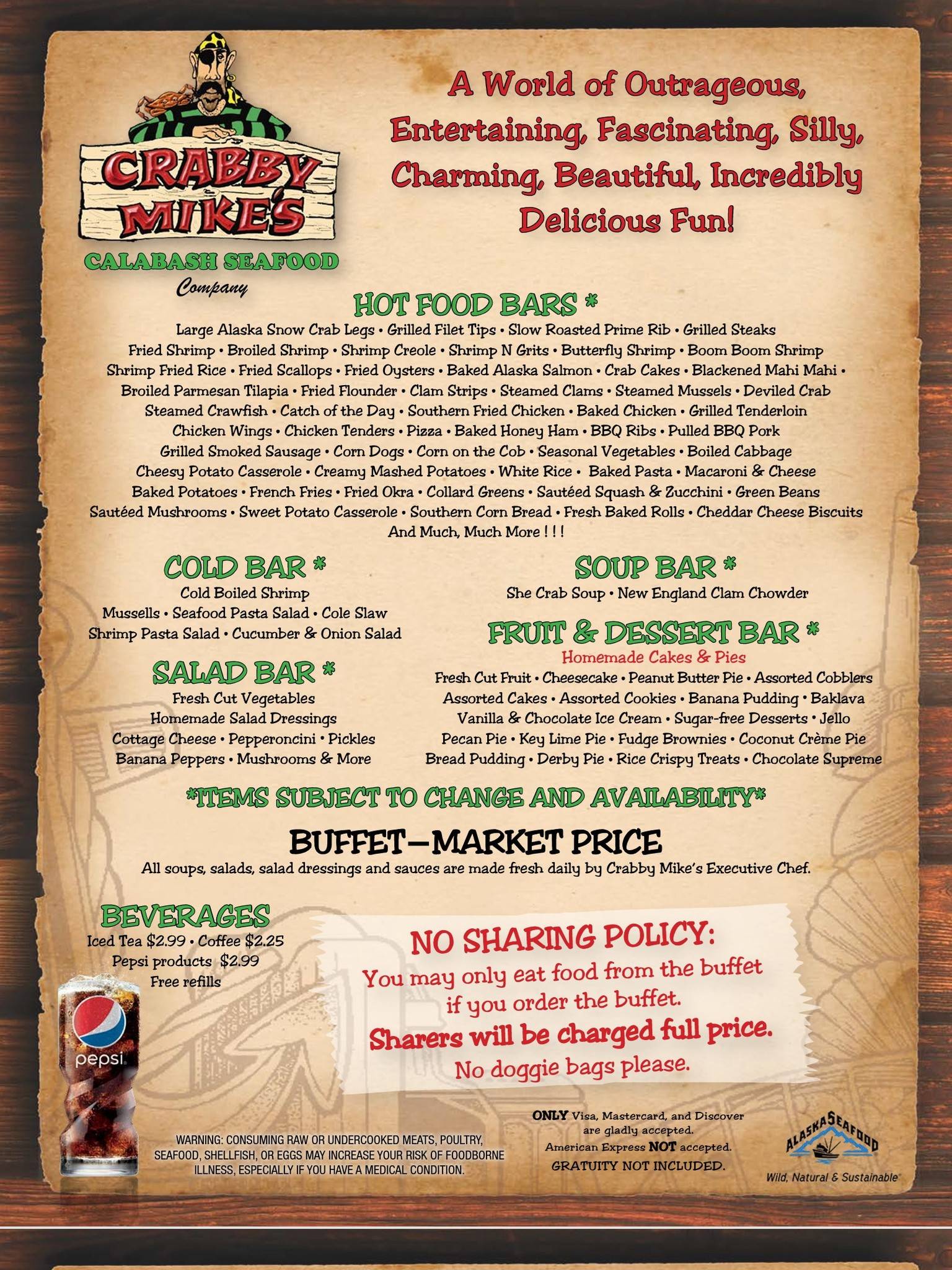 Menu at Crabby Mike's pub & bar, Surfside Beach