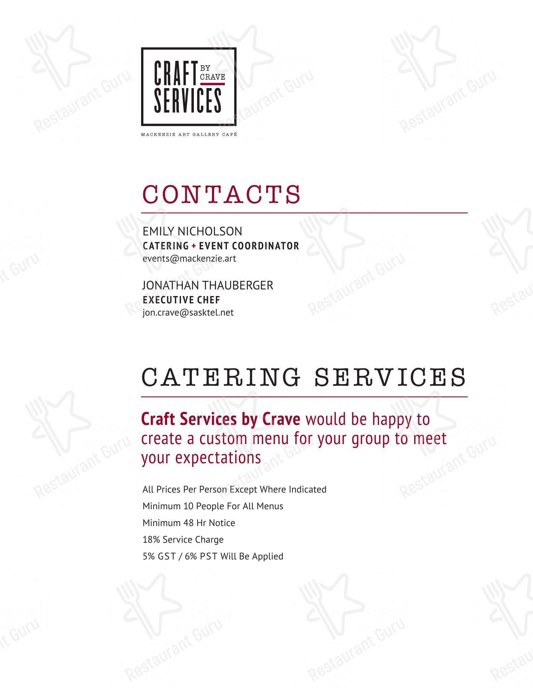 Carta de Craft Services by Crave: MacKenzie Art Gallery Café, Regina