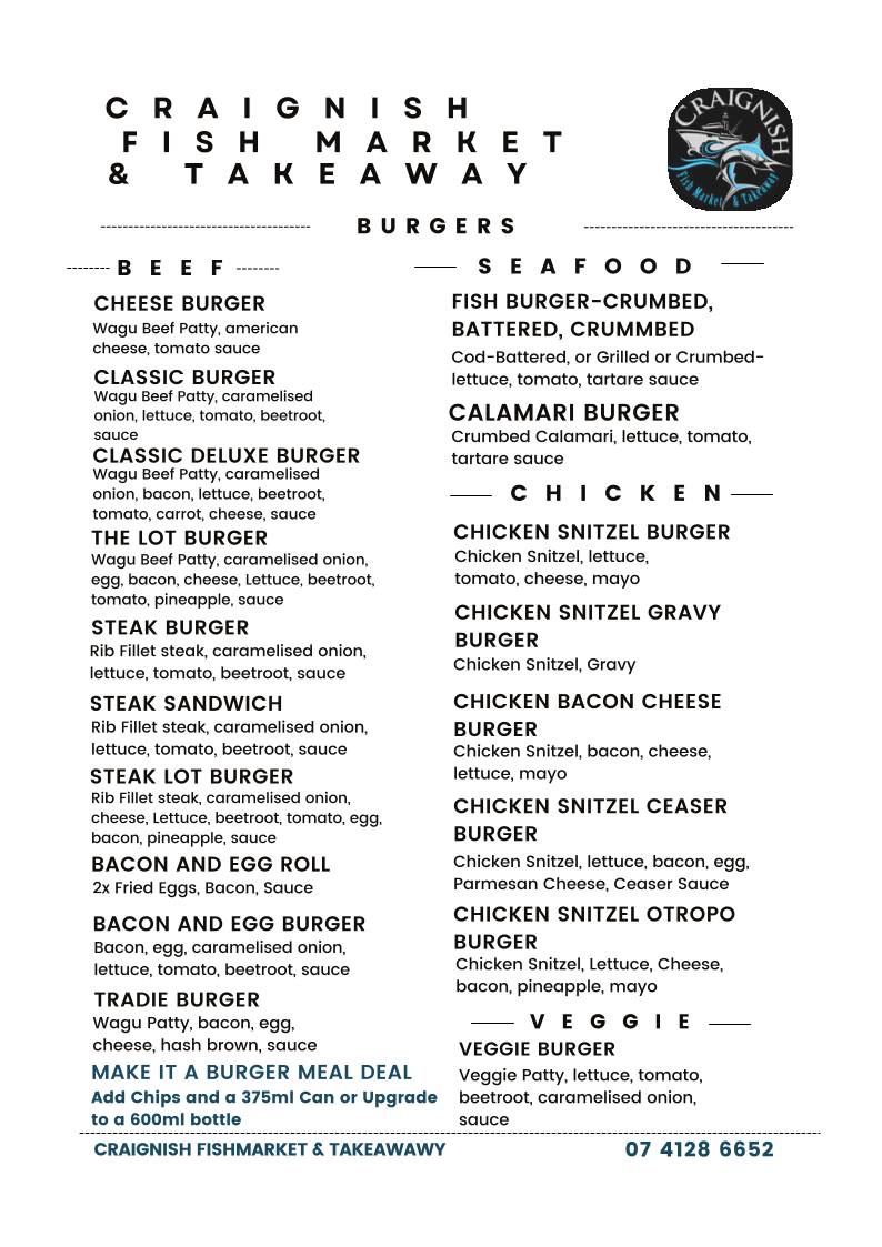 Menu at Craignish Fish Market & Takeaway restaurant, Craignish