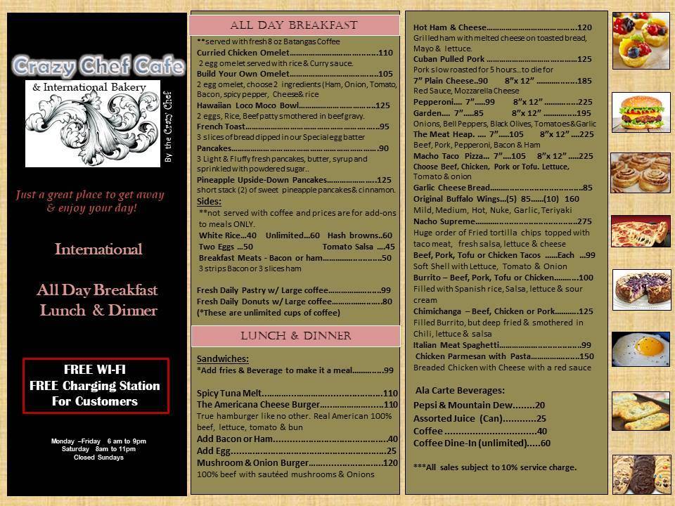 Menu at Crazy Chef Cafe & International Bakery, Quezon City