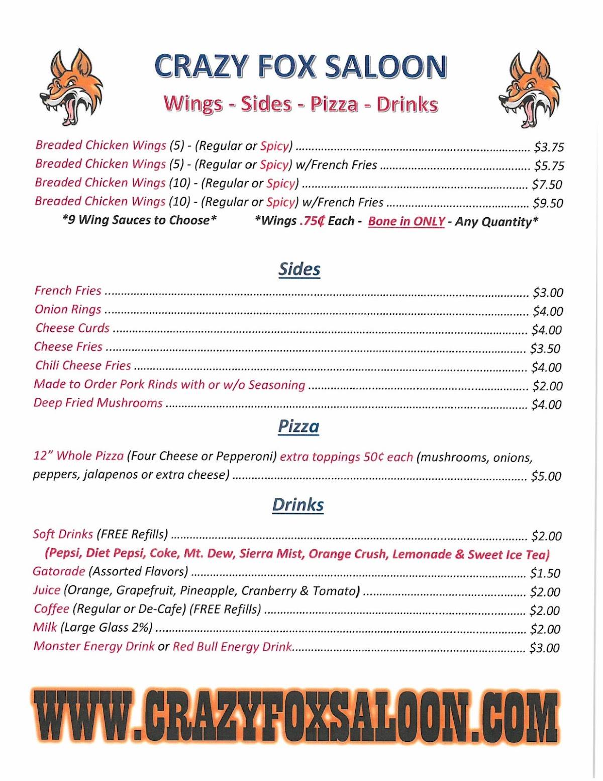 Menu at Crazy Fox Saloon pub & bar, Bucyrus
