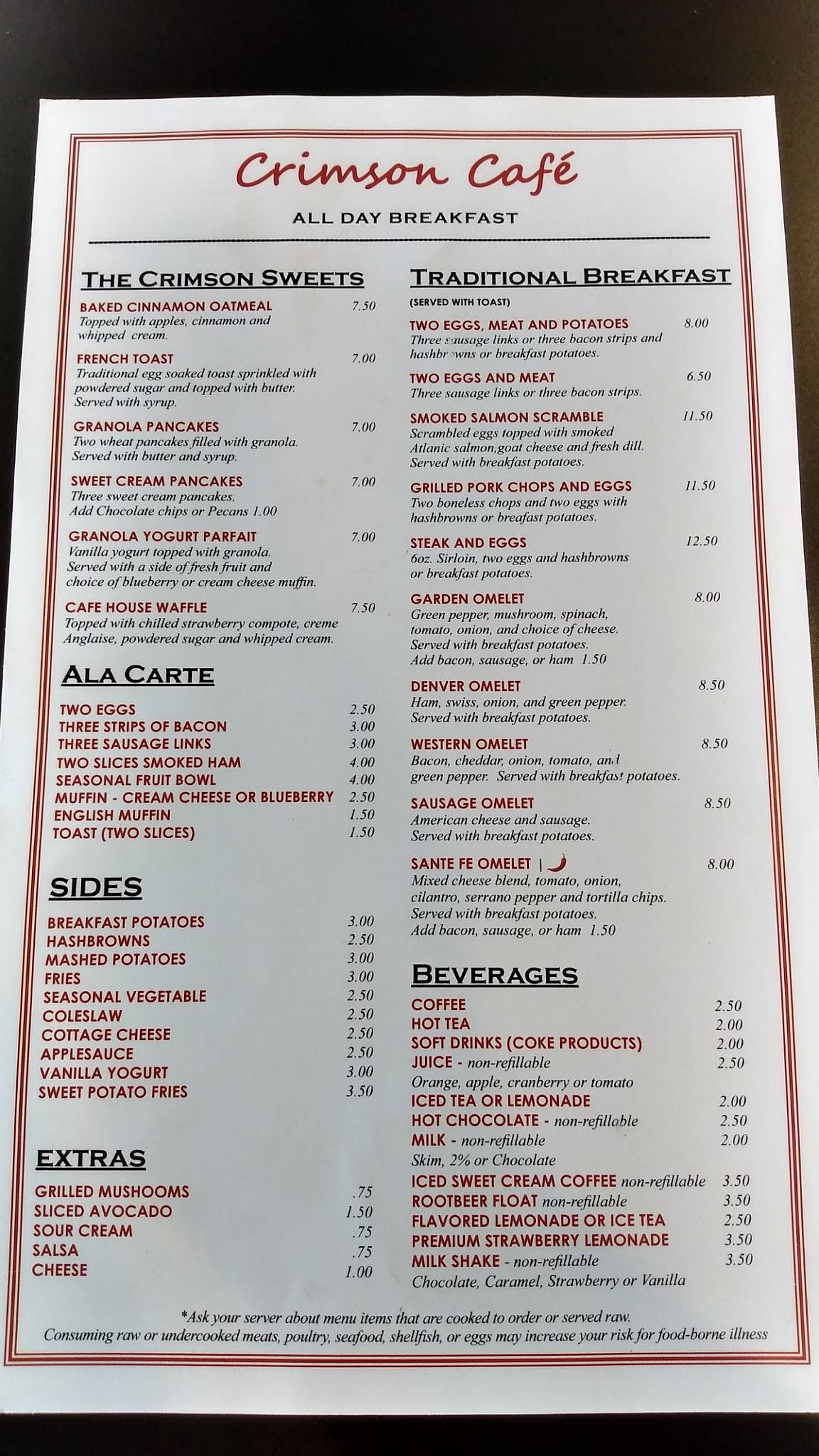 Menu at Crimson Cafe, Saint Joseph