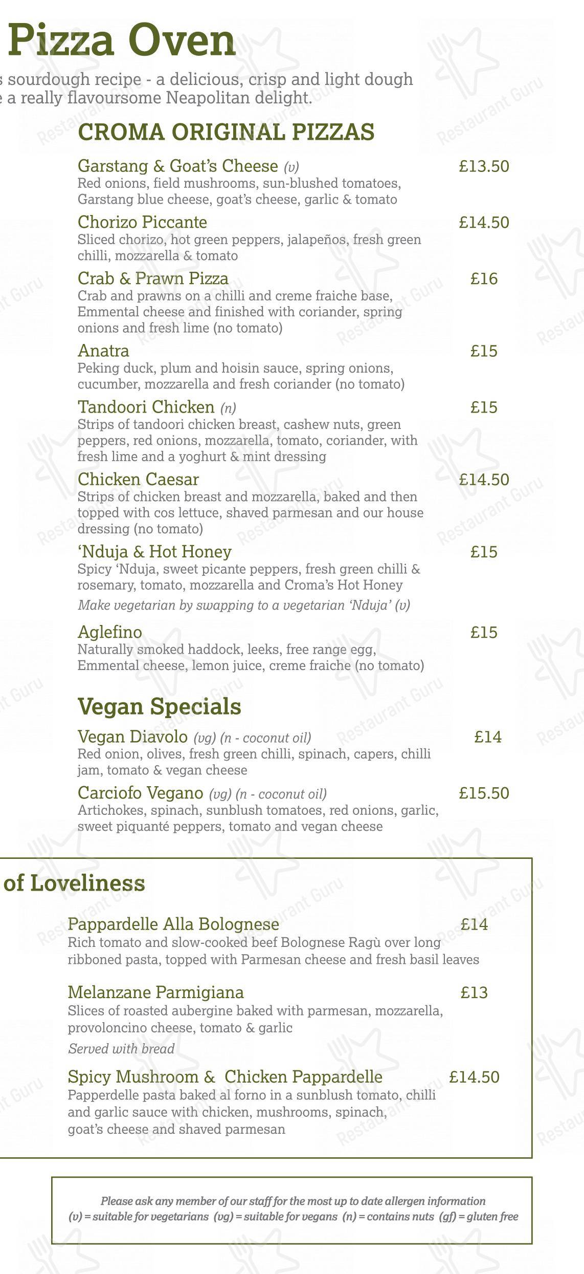 Menu at Croma Prestwich restaurant, Manchester, 30 Longfield Centre