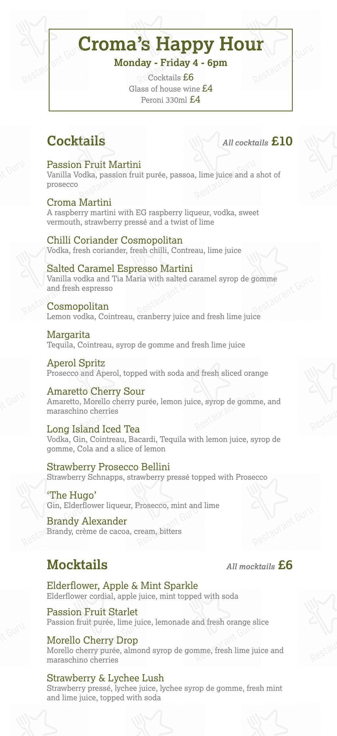 Menu at Croma Prestwich restaurant, Manchester, 30 Longfield Centre