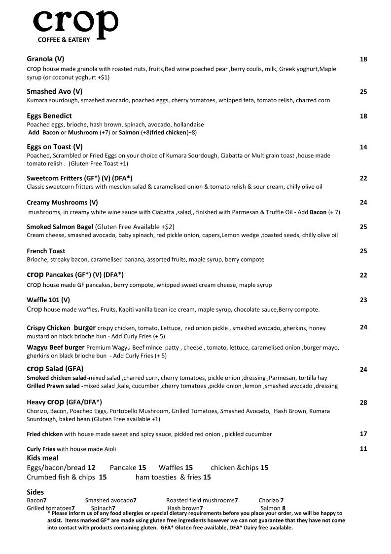 Menu at Crop cafe, Auckland