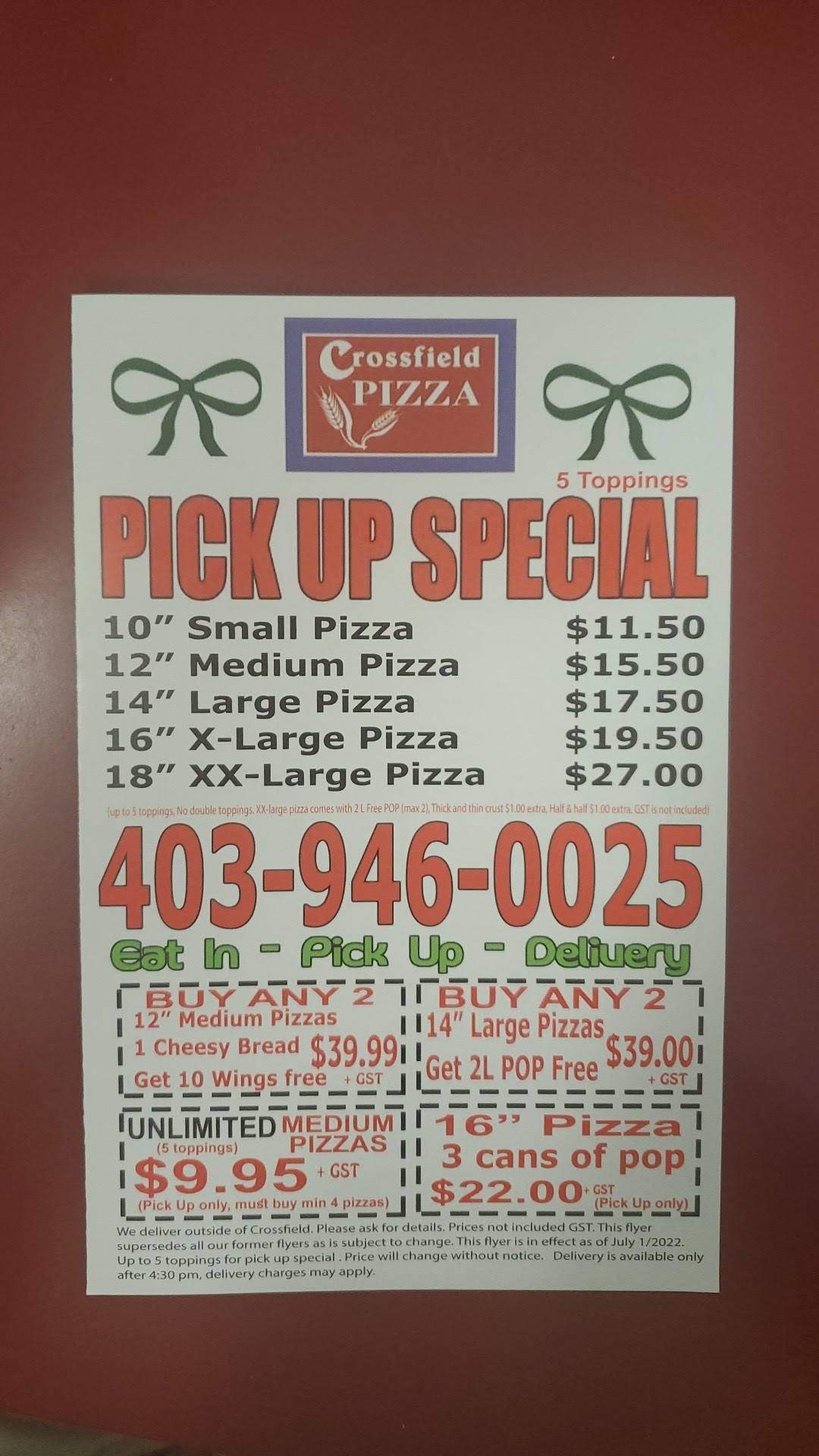 Menu at Crossfield Pizza pizzeria, Crossfield