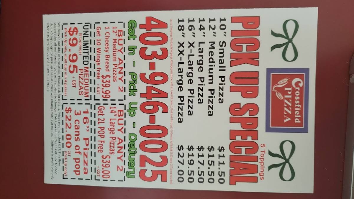 Menu at Crossfield Pizza pizzeria, Crossfield