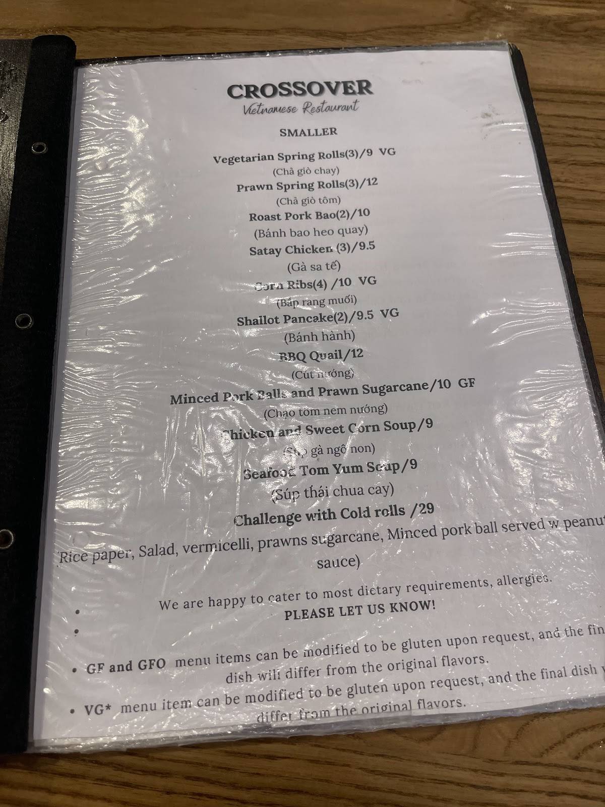 Menu at Crossover Vietnamese Restaurant, Torrensville
