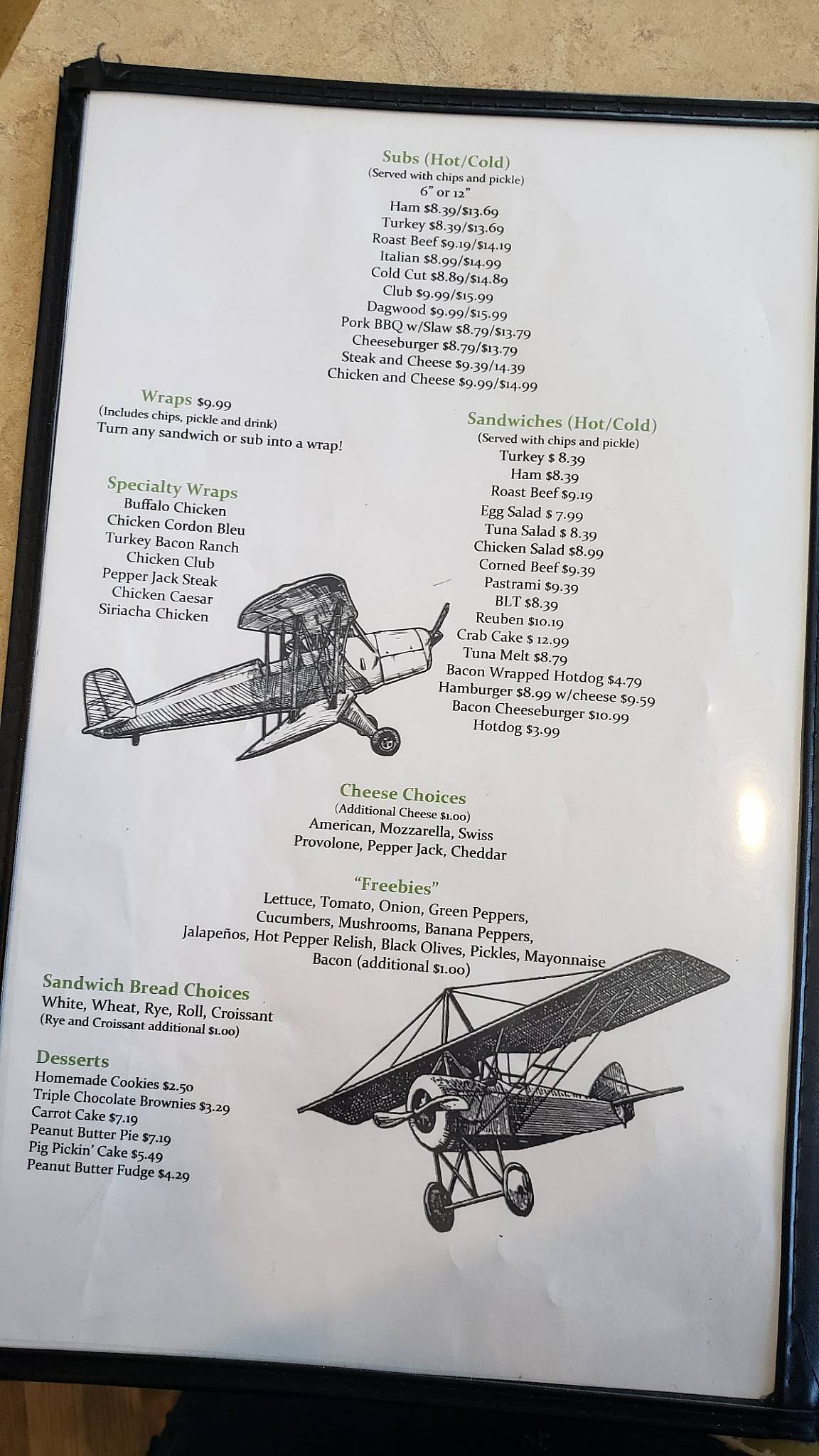 Menu at Crosswinds Cafe, Martinsburg, 170 Aviation Way
