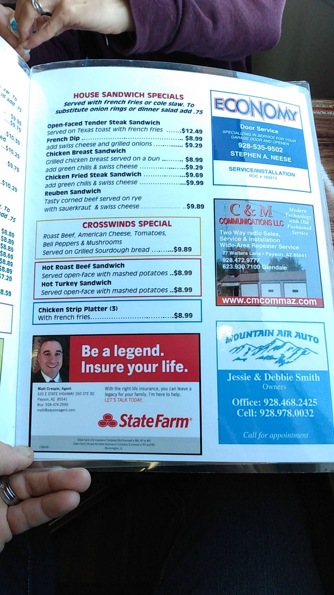 Menu at Crosswinds Restaurant, Payson