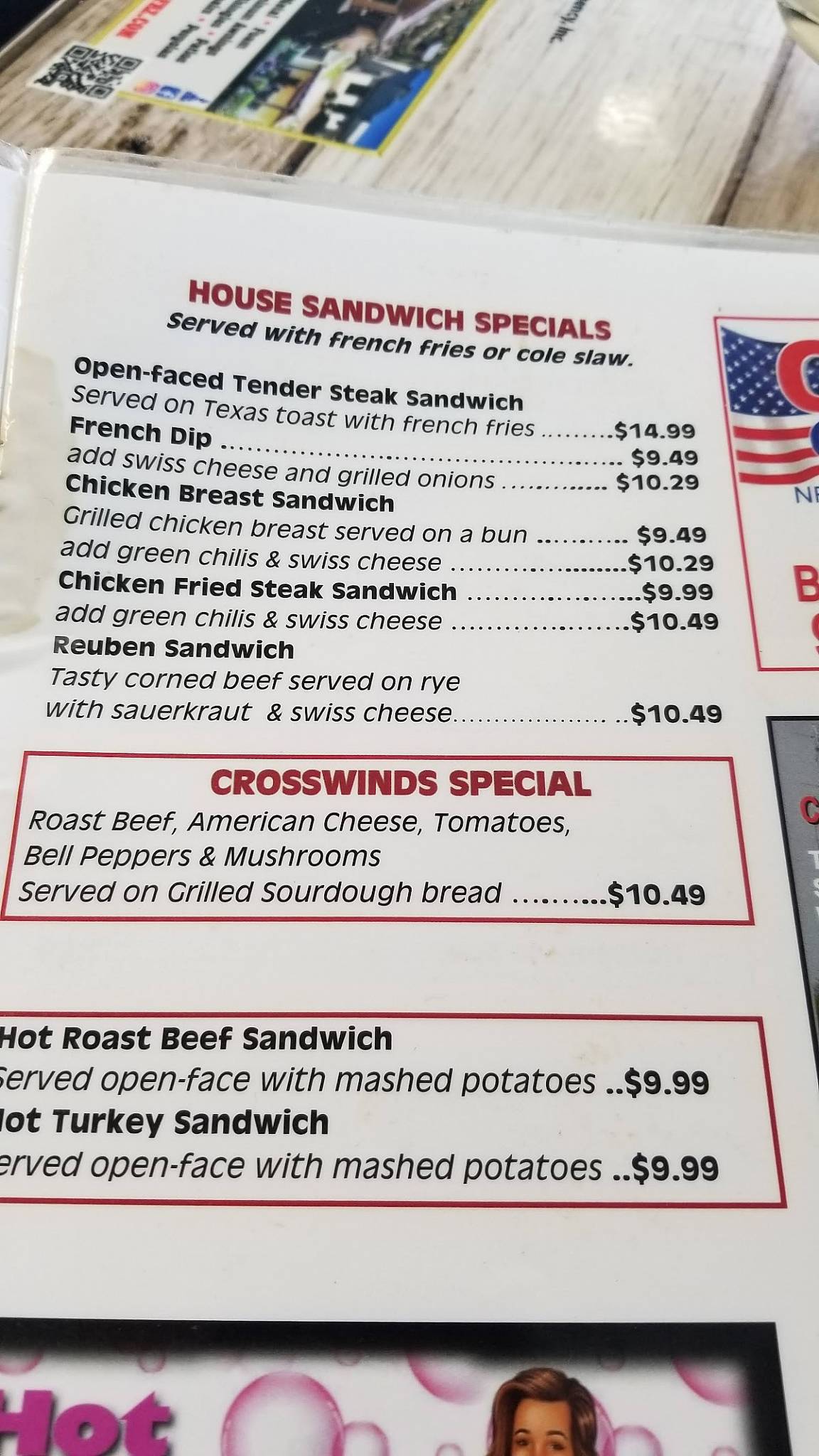 Menu at Crosswinds Restaurant, Payson