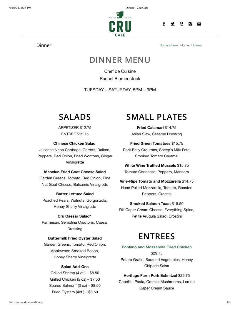 Menu at Cru Cafe, Charleston, 18 Pinckney St