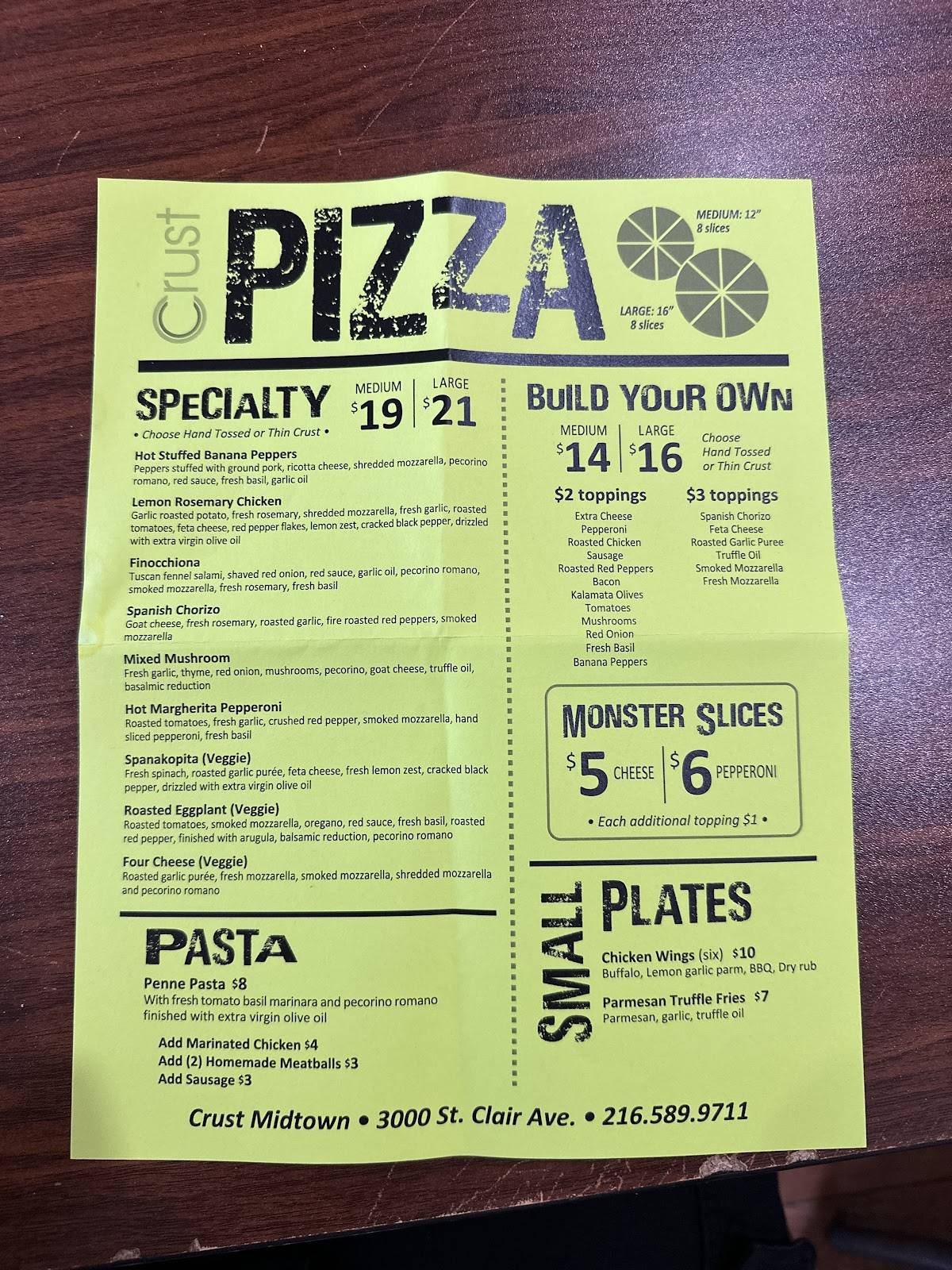 Menu at Crust Midtown pizzeria, Cleveland, St Clair Ave NE