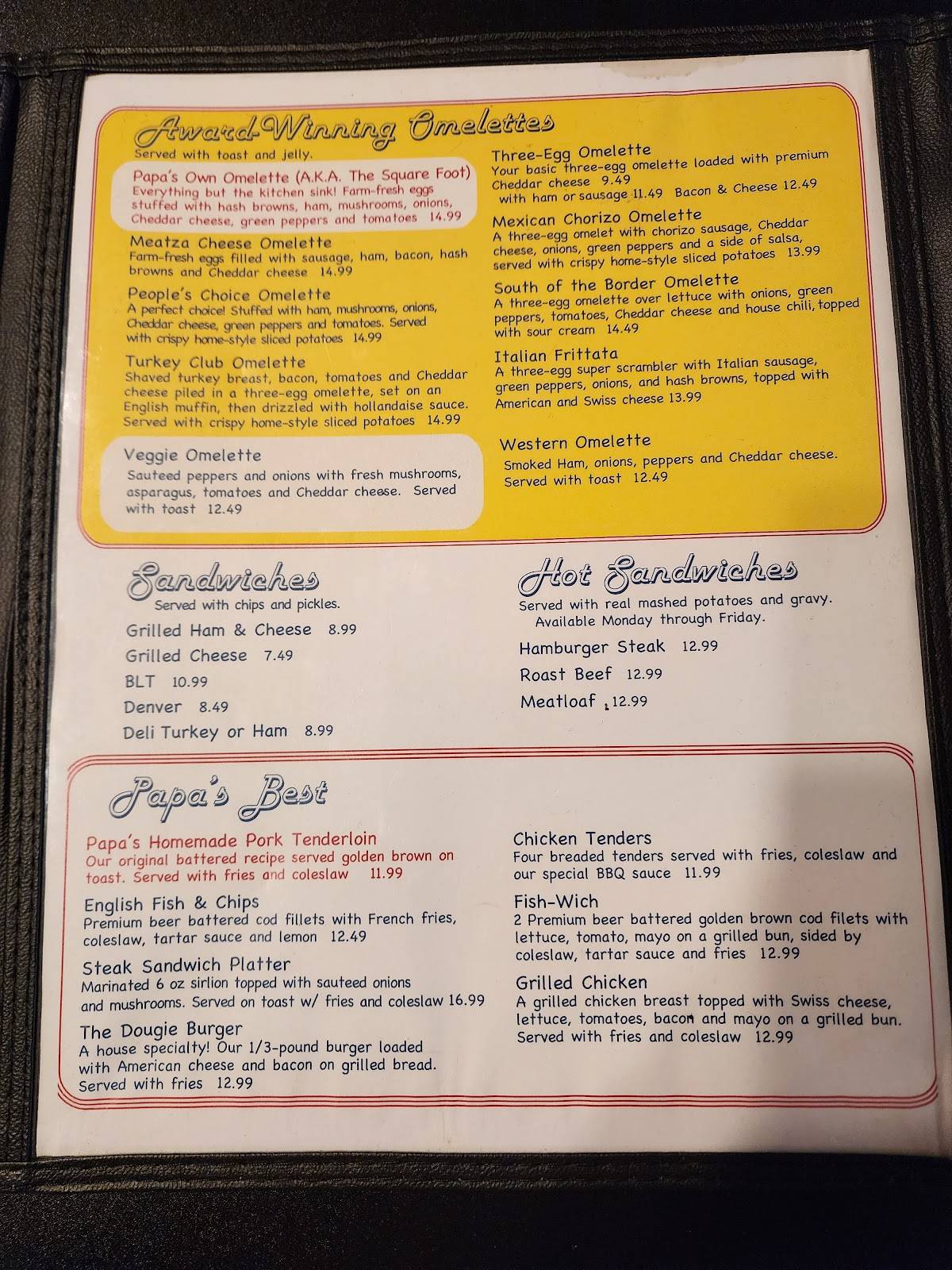 Menu at Papa's Cafe, Minneapolis