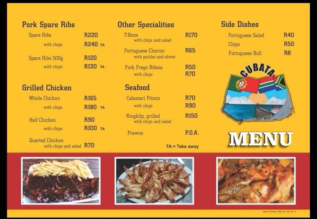Menu at Cubata Hunters Retreat restaurant, Port Elizabeth