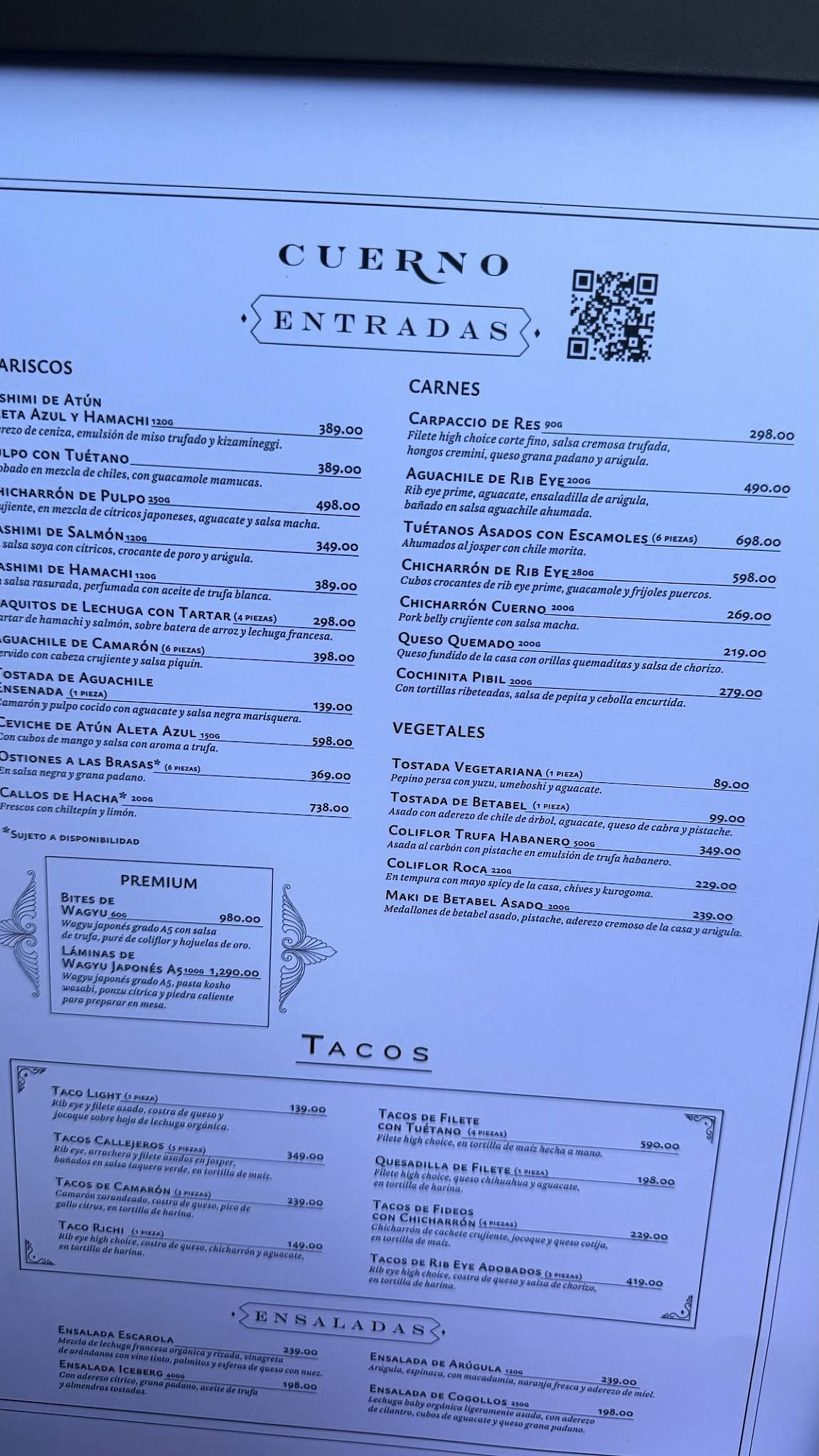 Carta de parrilla Cuerno - CDMX, Ciudad López Mateos