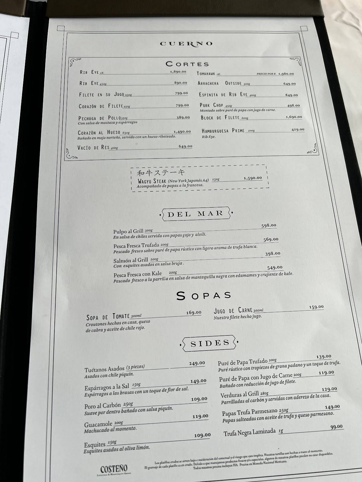 Carta de parrilla Cuerno - CDMX, Ciudad López Mateos
