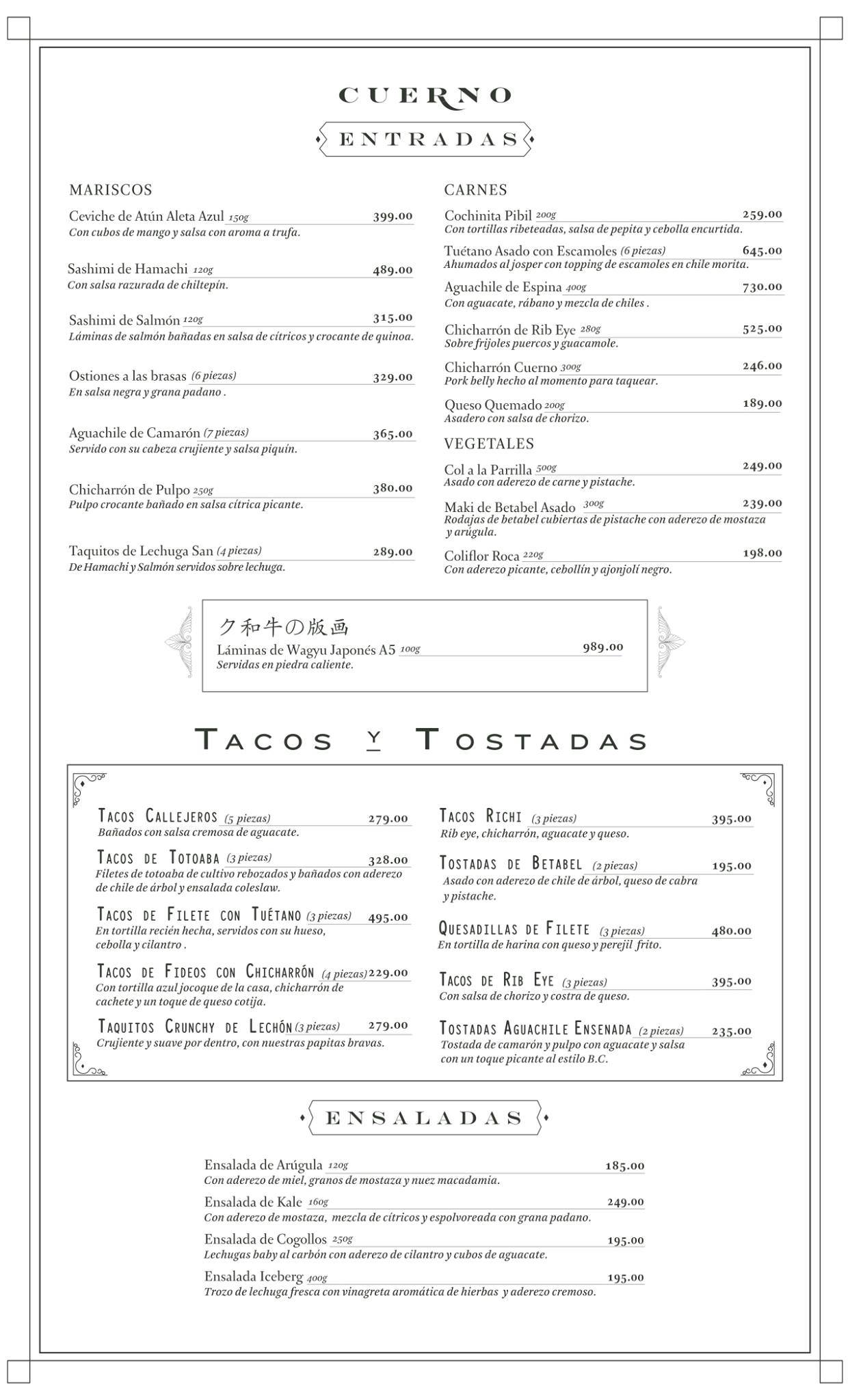Carta de parrilla Cuerno - CDMX, Ciudad López Mateos