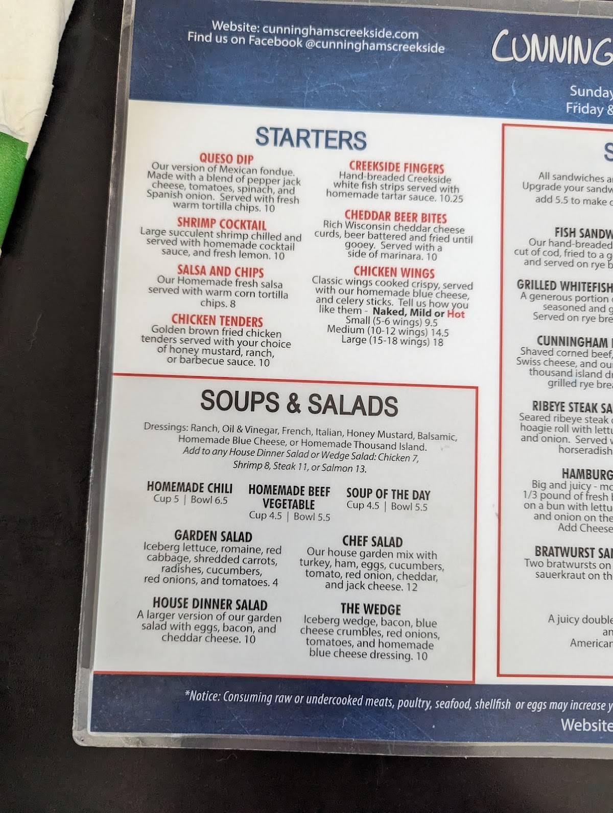 Menu at Cunningham's Creekside restaurant, Prospect