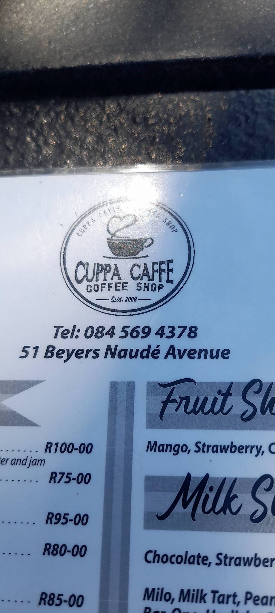 Menu at Cuppa Caffe Coffee Shop restaurant, Potchefstroom