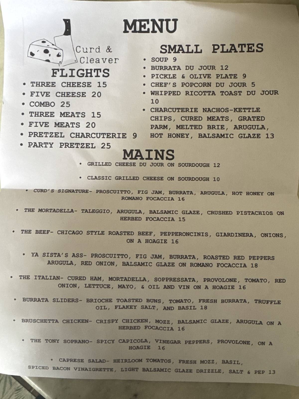 Menu at Curd & Cleaver, Newton