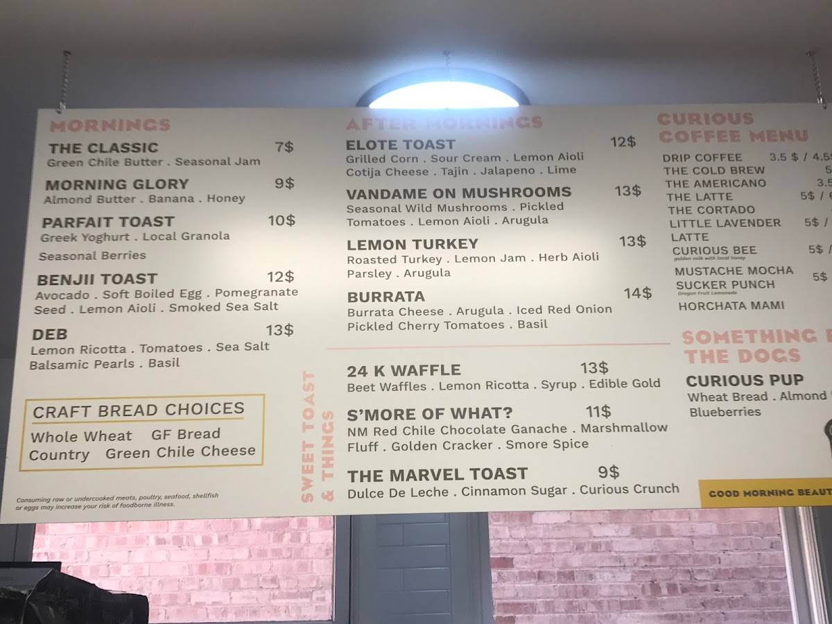 Carta de Curious Toast Cafe, Albuquerque