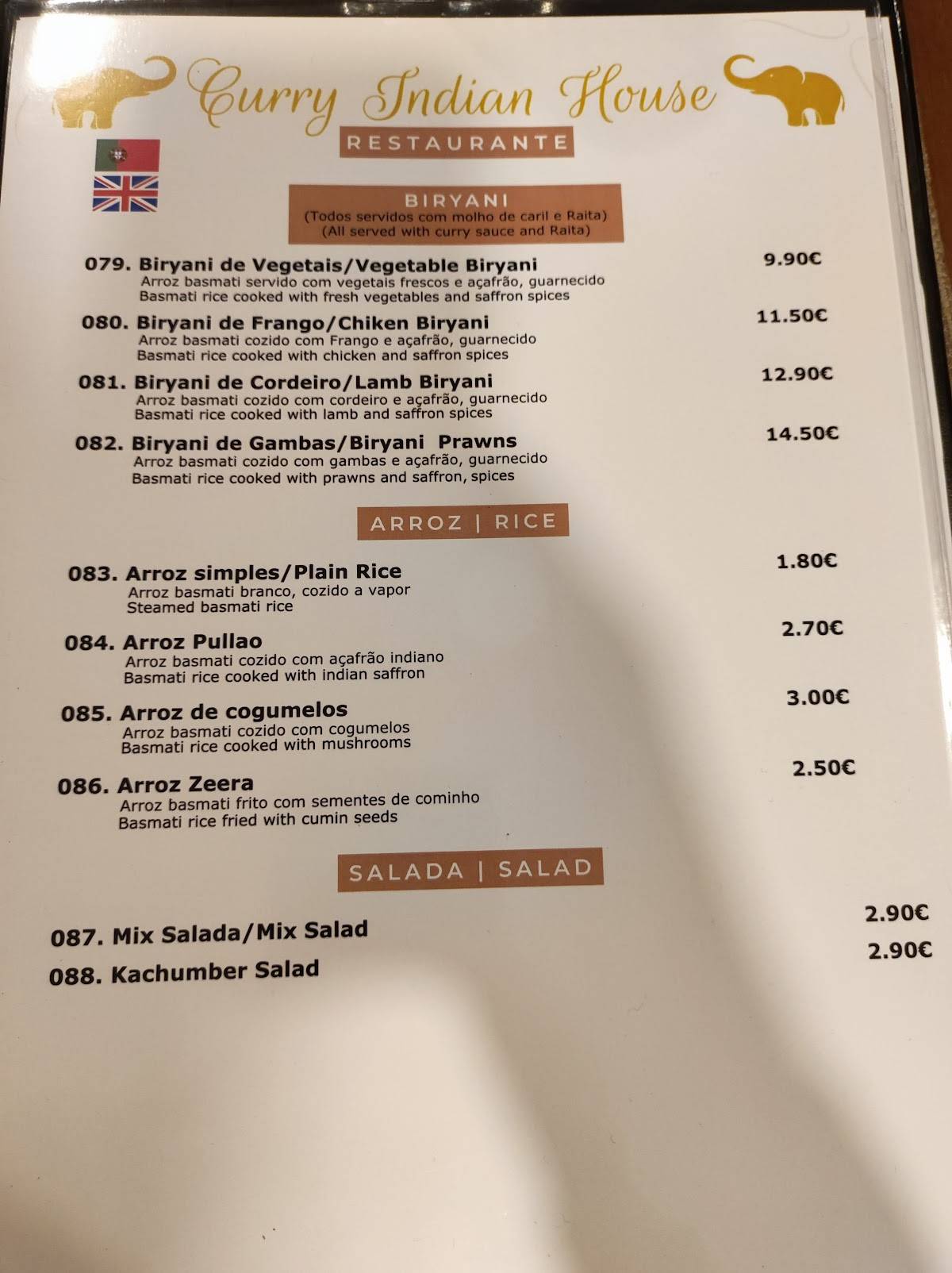 Menu em Curry Indian House restaurante, Tomar