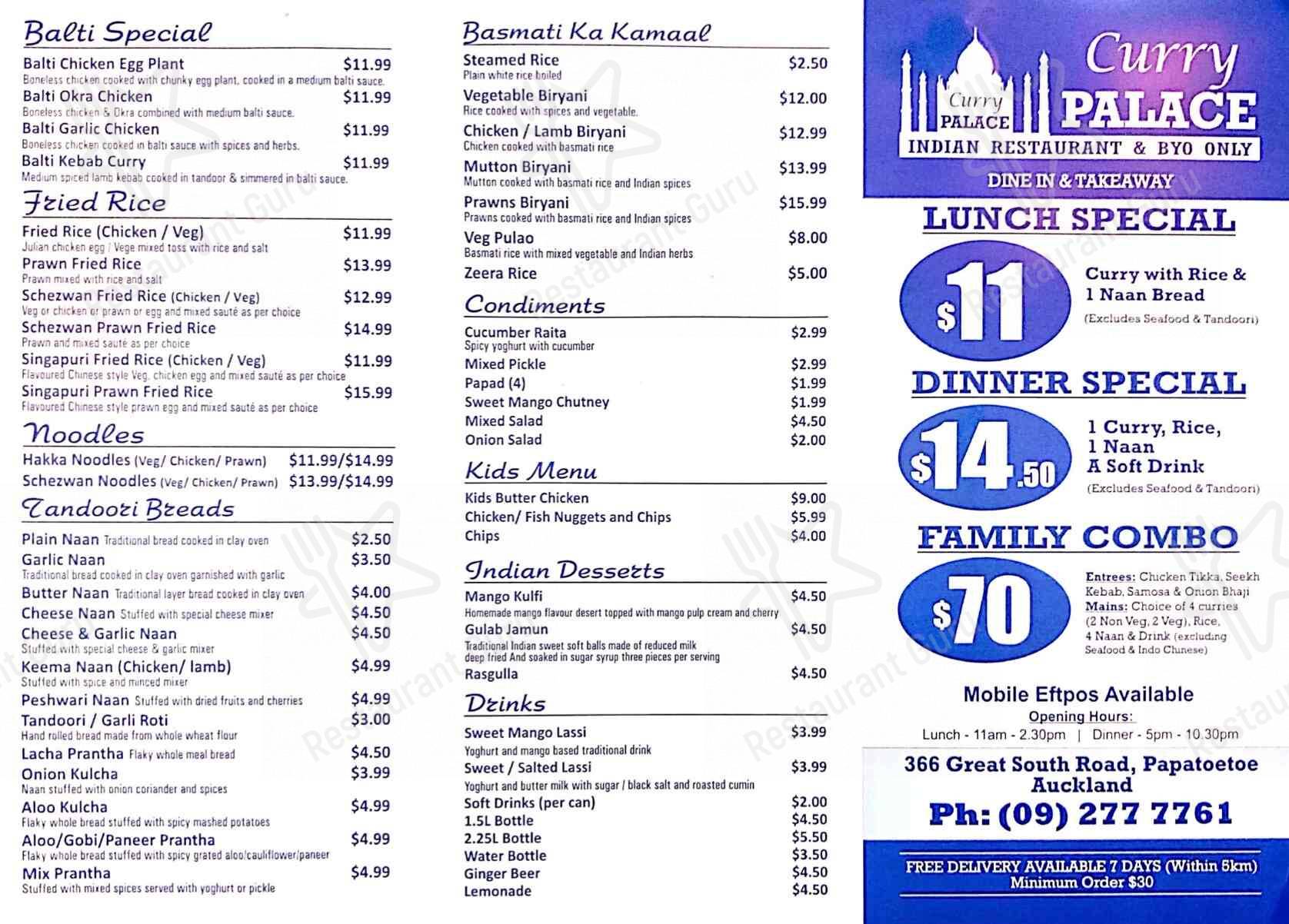 Menu at Curry Palace restaurant, Auckland