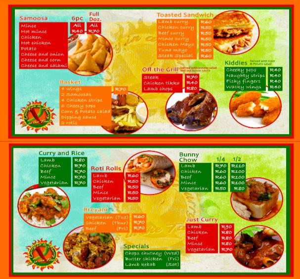 Menu at Curry in a Hurry restaurant, New Redruth, General Albert's Drive