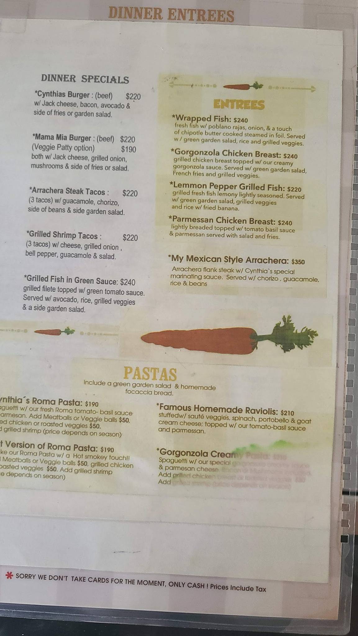 Menu at Cynthia Fresh restaurant, San José del Cabo