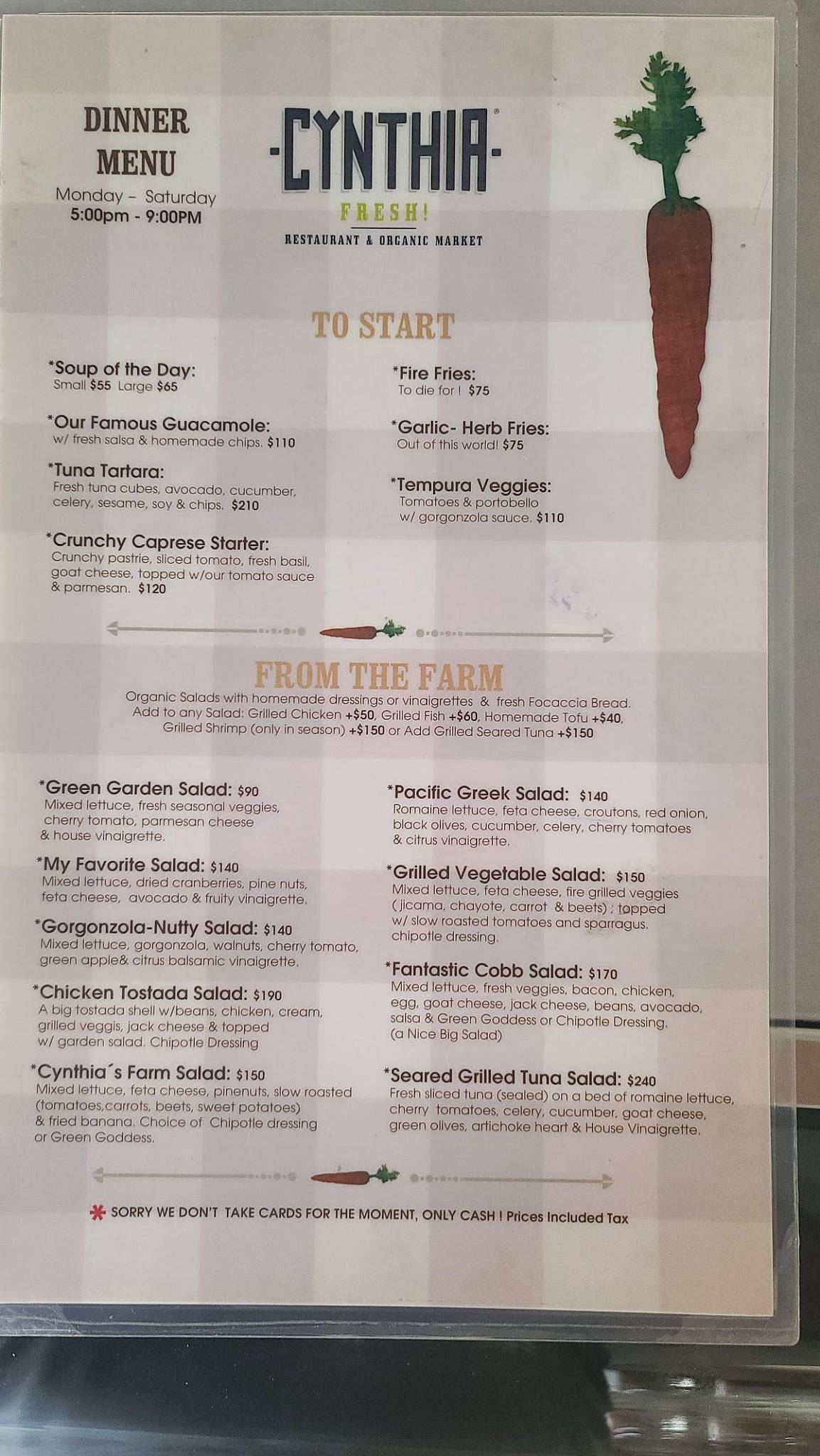 Menu at Cynthia Fresh restaurant, San José del Cabo