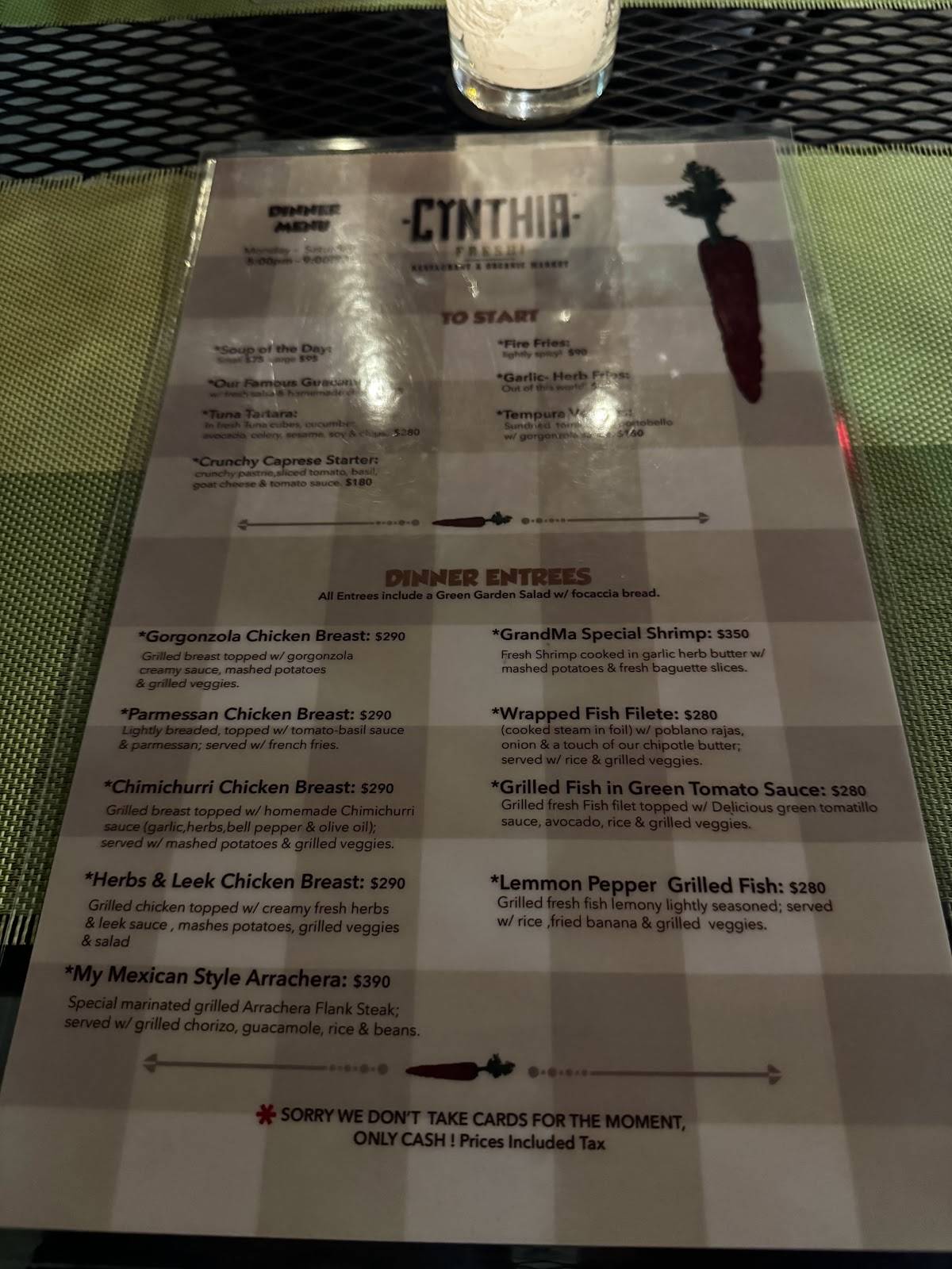Menu at Cynthia Fresh restaurant, San José del Cabo