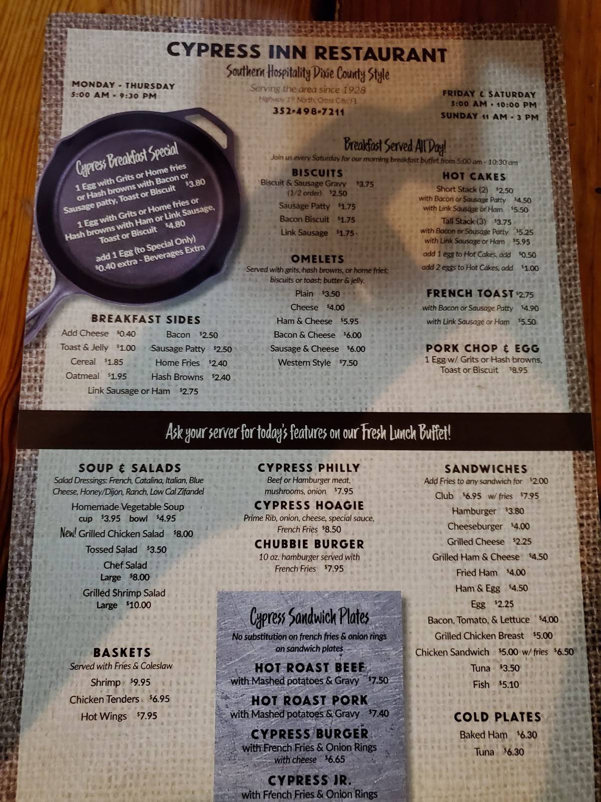 Menu at Cypress Inn Restaurant, Cross City