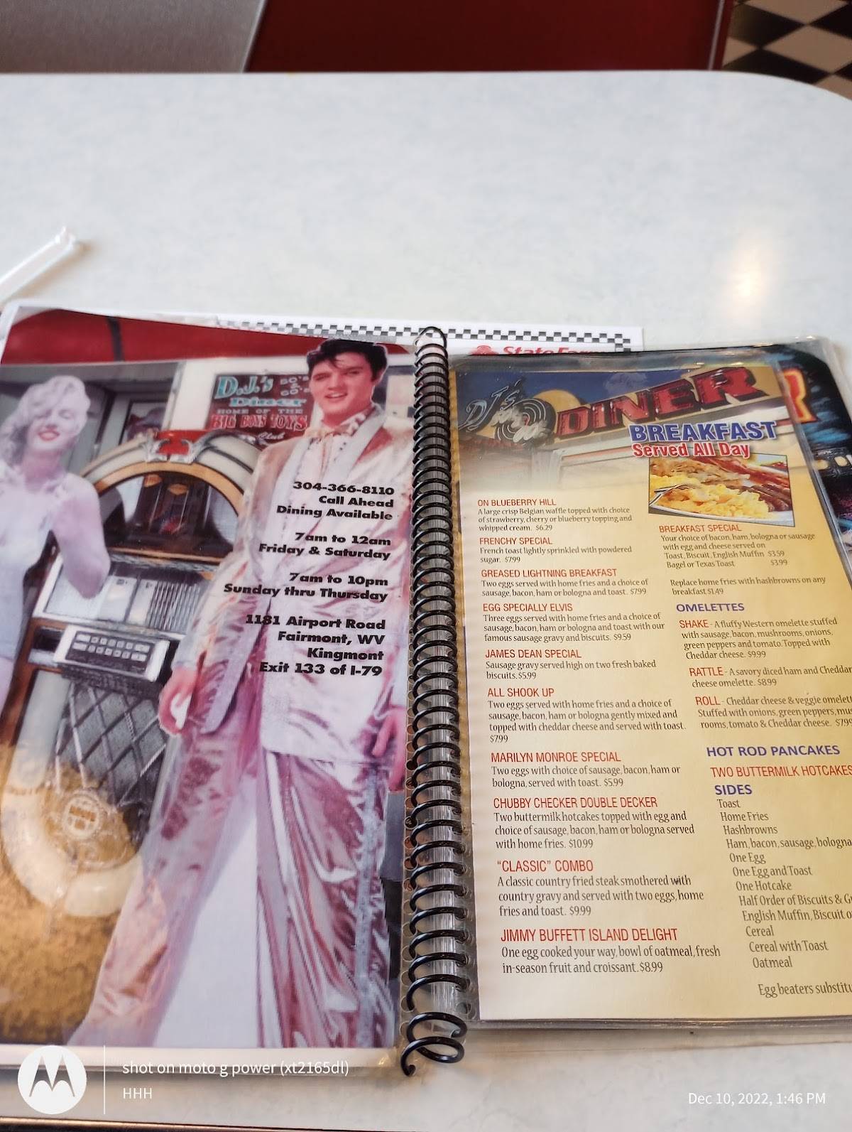 Menu at DJ's 50'S & 60'S Diner restaurant, Fairmont