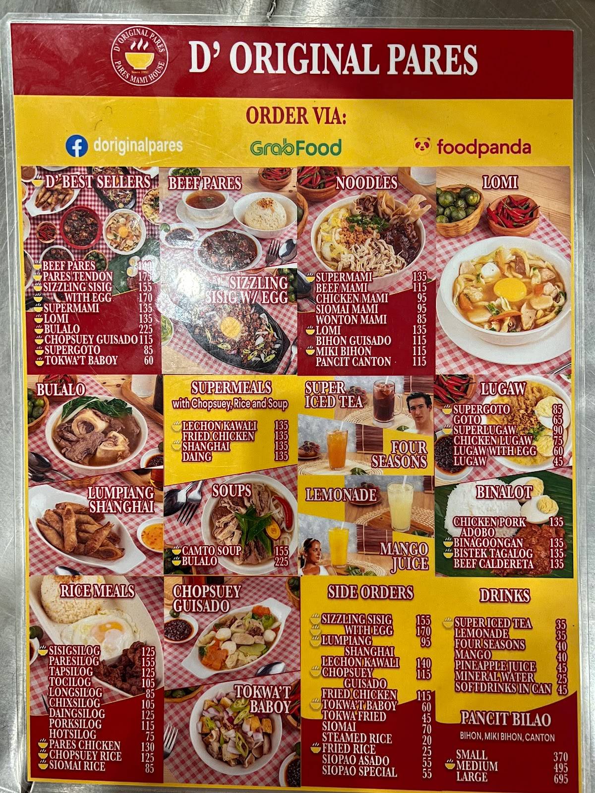 Menu at D' Original Pares - Marcos Highway restaurant, Marikina