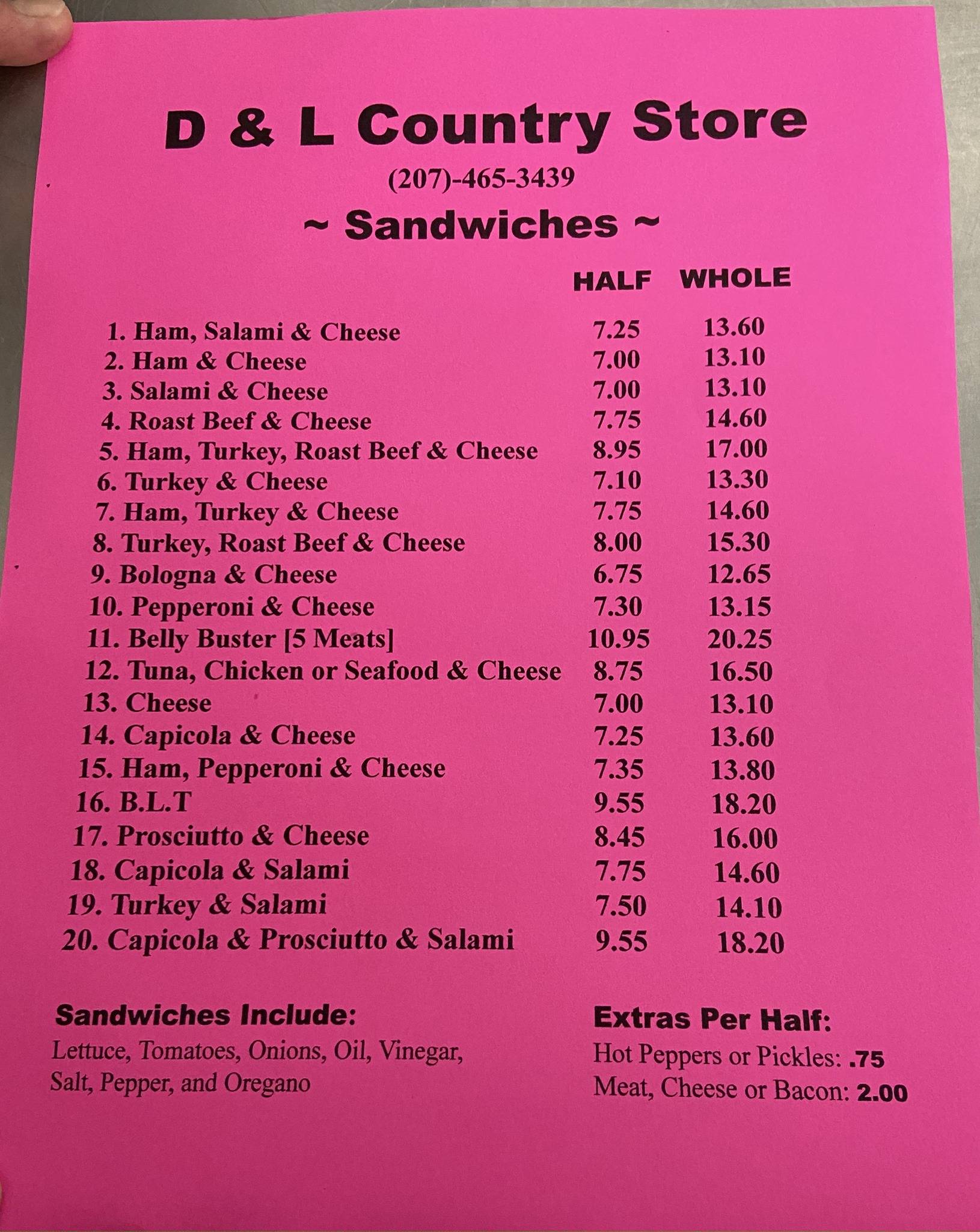 Menu at D&l Country Store, Oakland