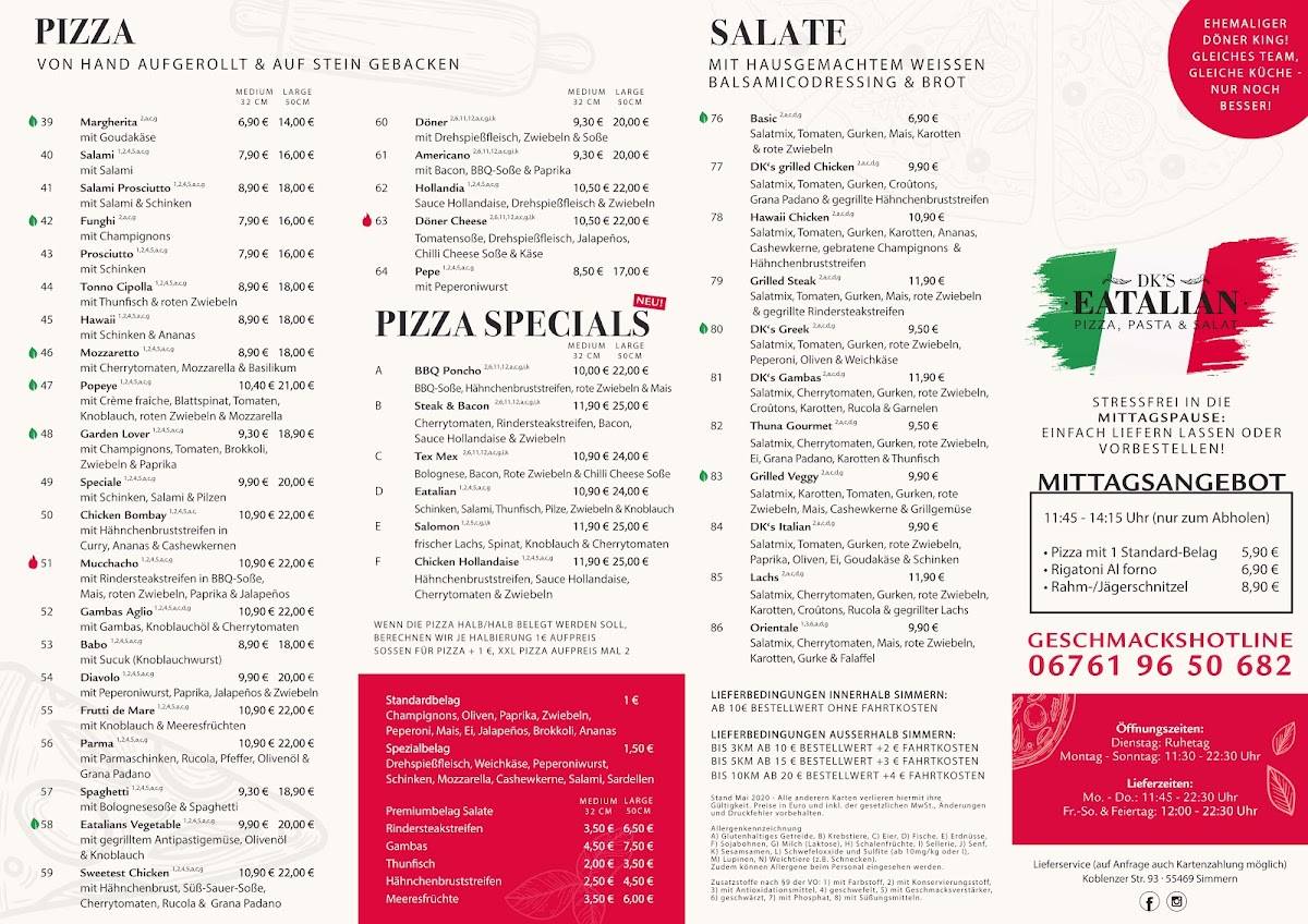 Menu au DK's Eatalian restaurant, Simmern